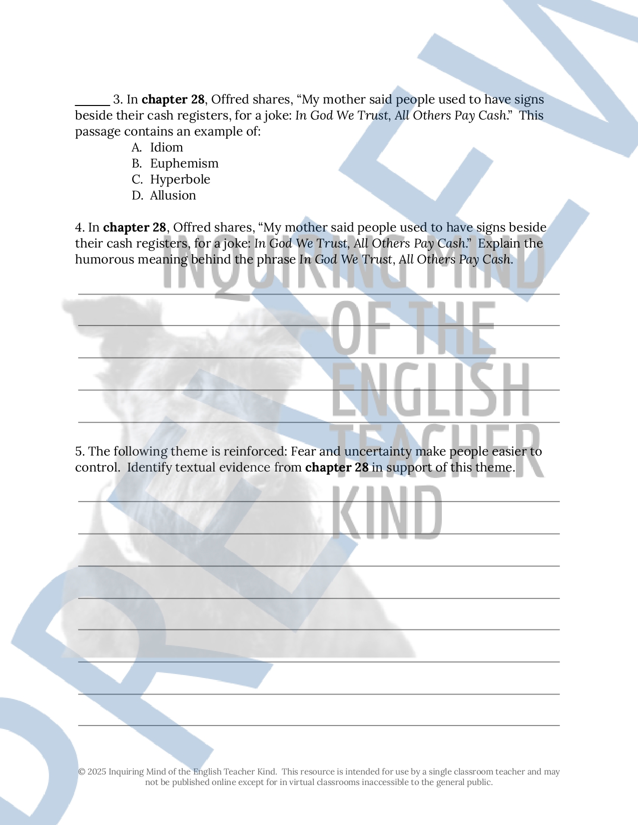 The Handmaid's Tale Chapters 28-30 Close Reading Worksheet | Teaching ...