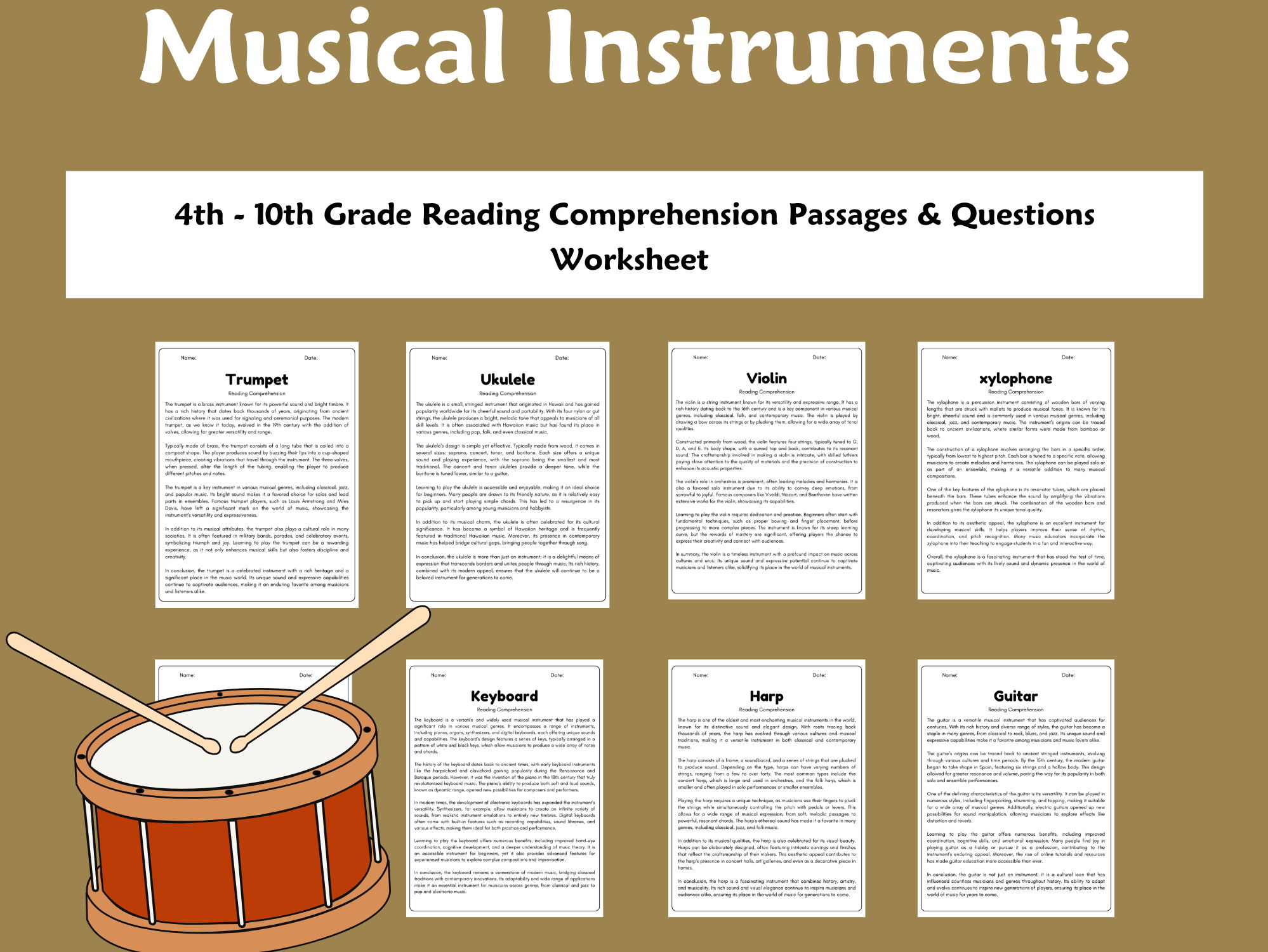 Musical Instruments : Reading Comprehension Passages & Questions ...