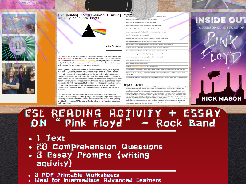 ESL Reading Comprehension + Writing Activity Worksheets - Pink Floyd ...