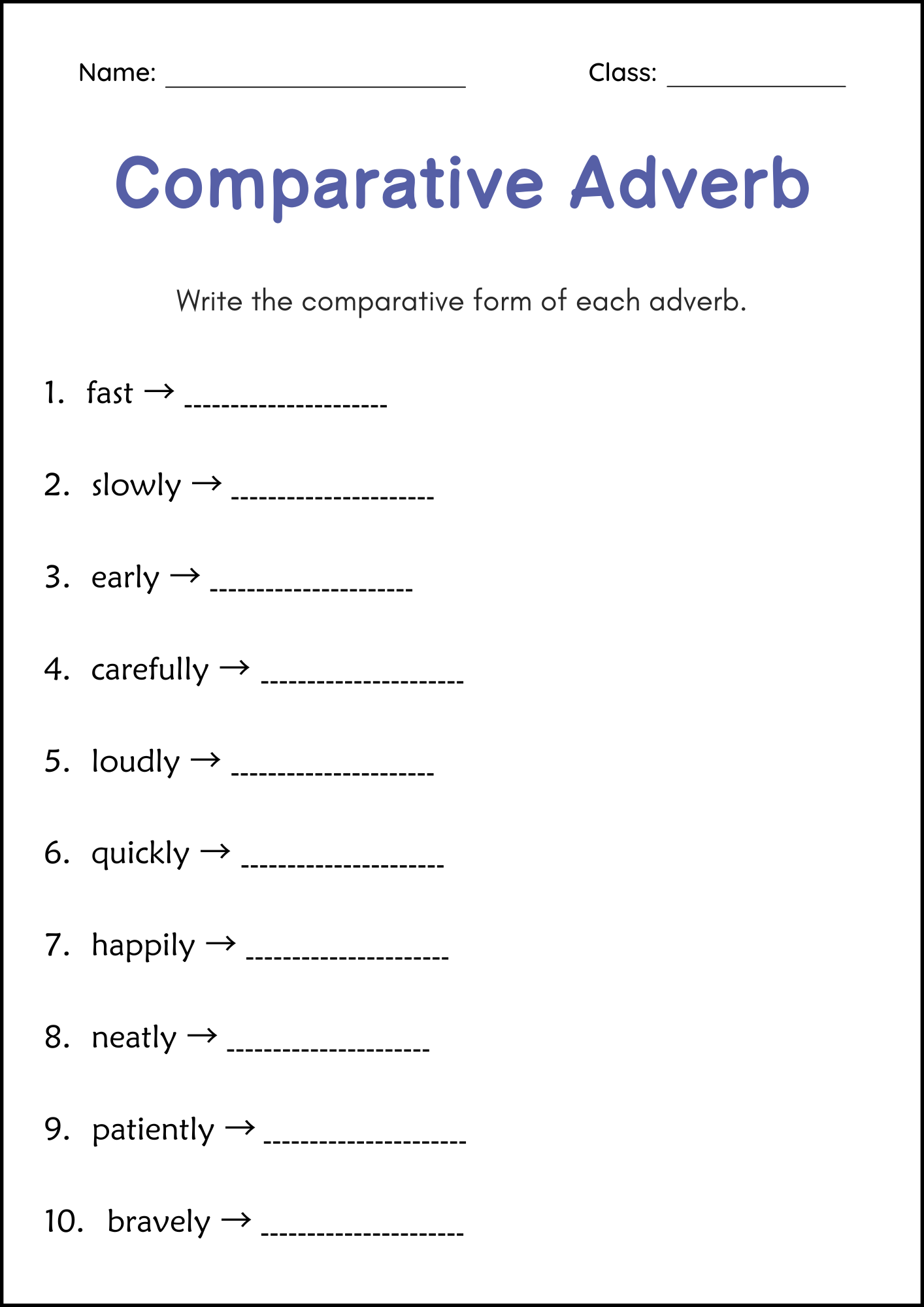 Adverbs: Comparative and Superlative - Grammar Worksheets for Grade 1 ...