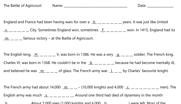 Agincourt Cloze and Questions Differentiated x 6 | Teaching Resources