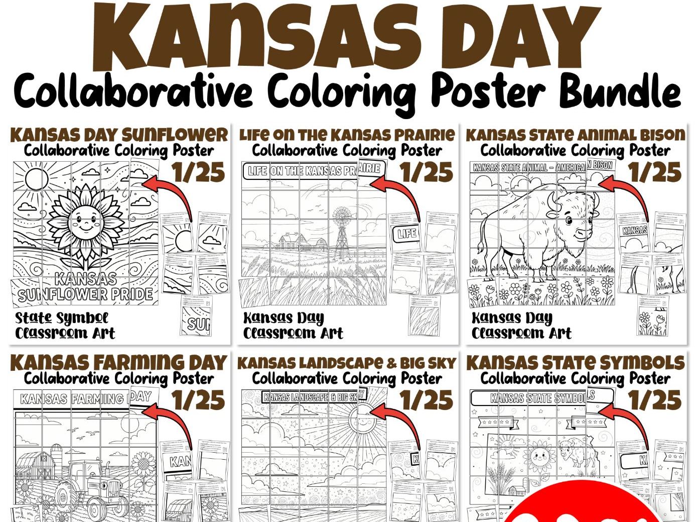 Kansas Day Collaborative Coloring Posters Bundle | State Symbols ...