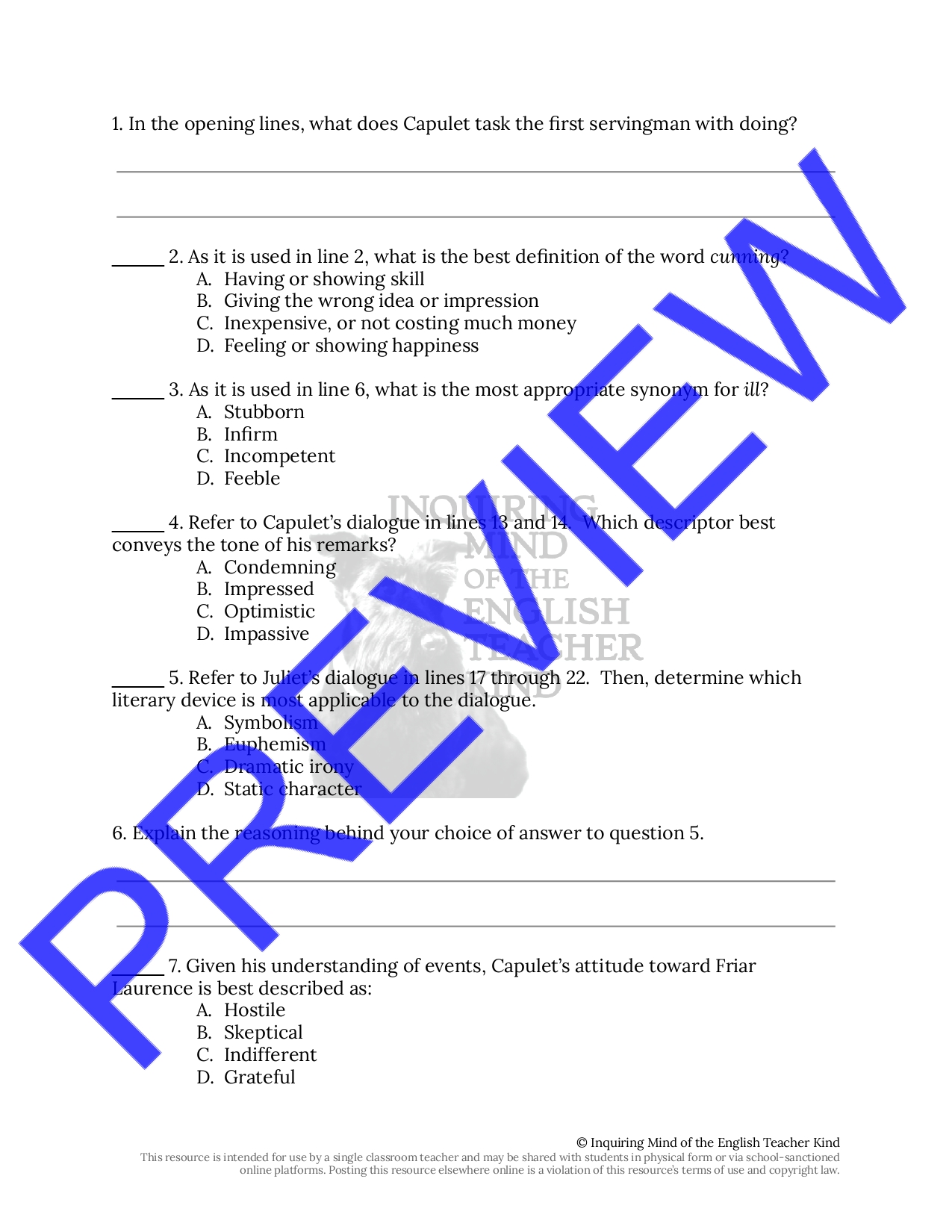 Romeo and Juliet Act 4 Scene 2 Close Reading Worksheet | Teaching Resources