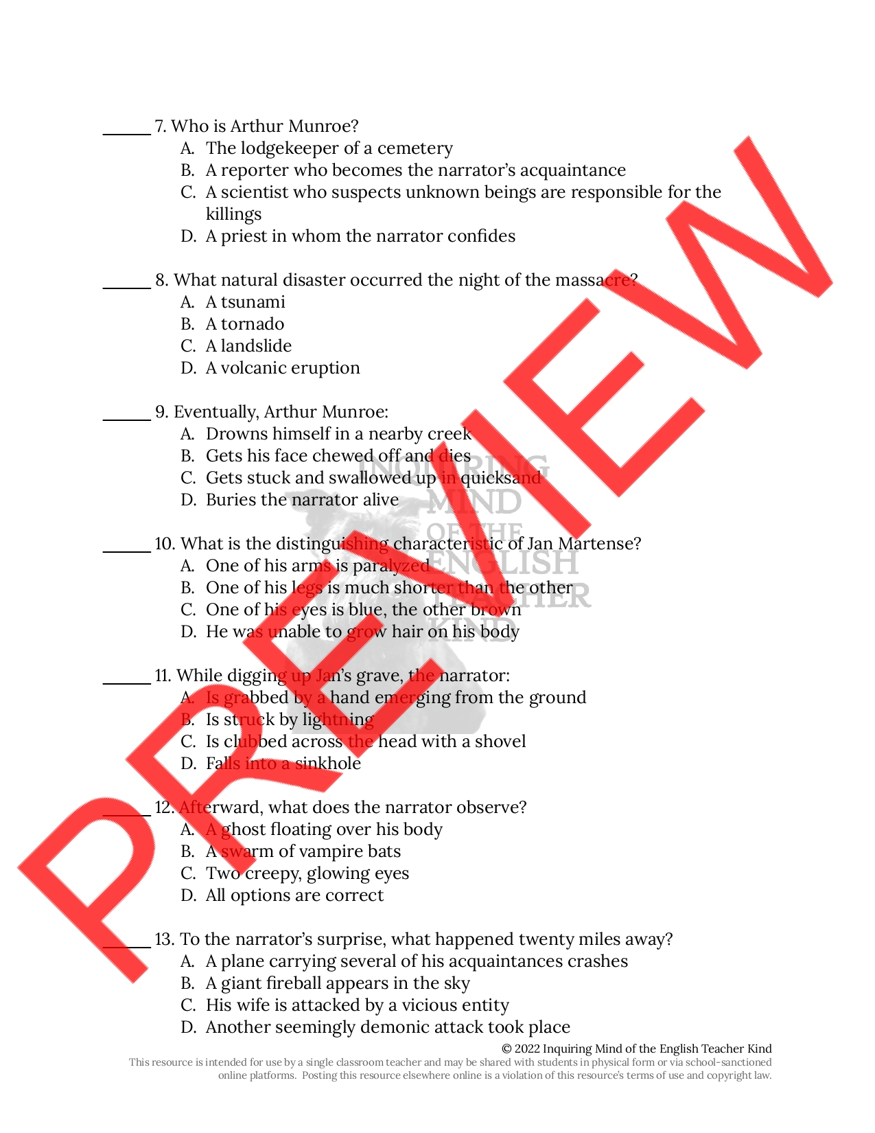 “The Lurking Fear” by H.P. Lovecraft Quiz and Answer Key | Teaching ...