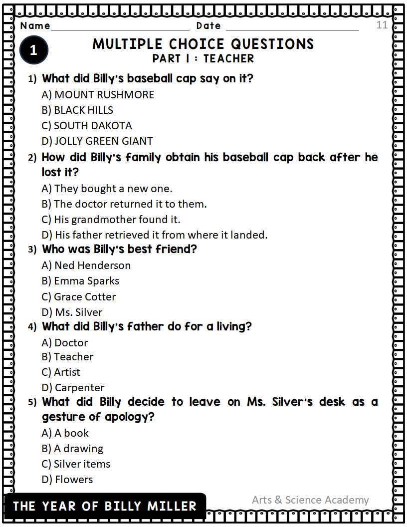 THE YEAR OF BILLY MILLER Novel Study Comprehension, Critical Thinking ...