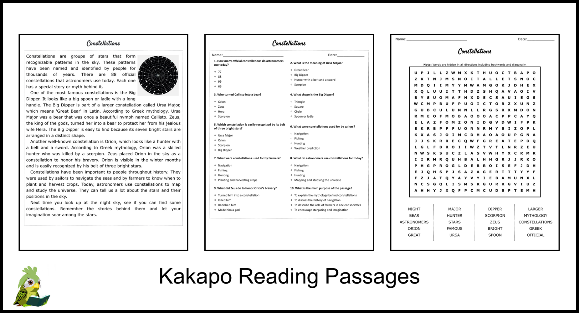 Constellations Reading Comprehension and Word Search | Teaching Resources