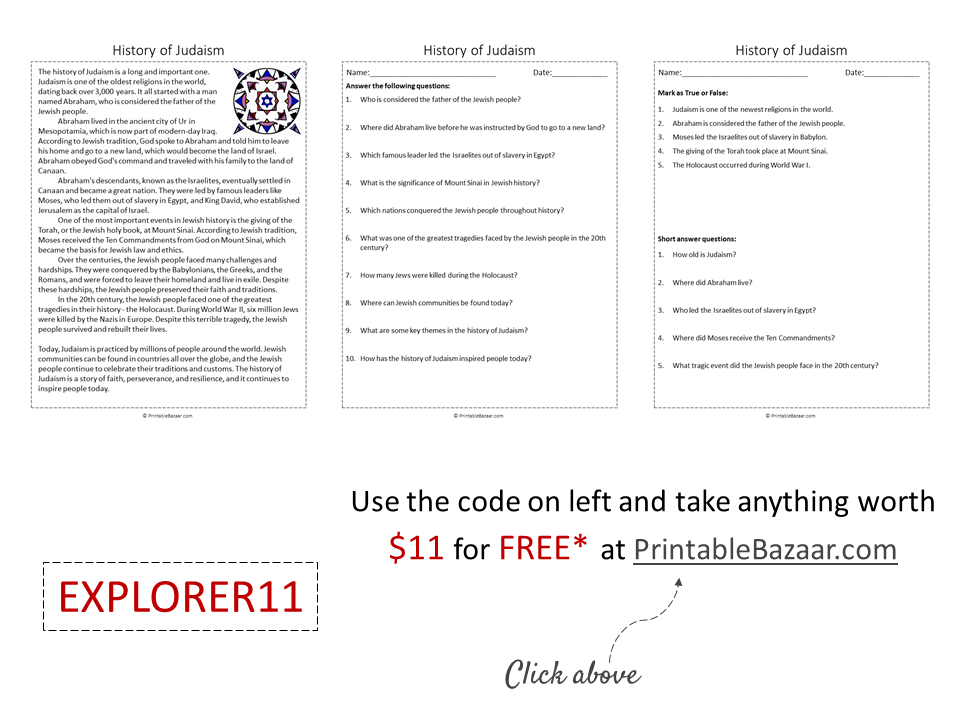 History of Judaism Reading Comprehension Passage Printable Worksheet ...
