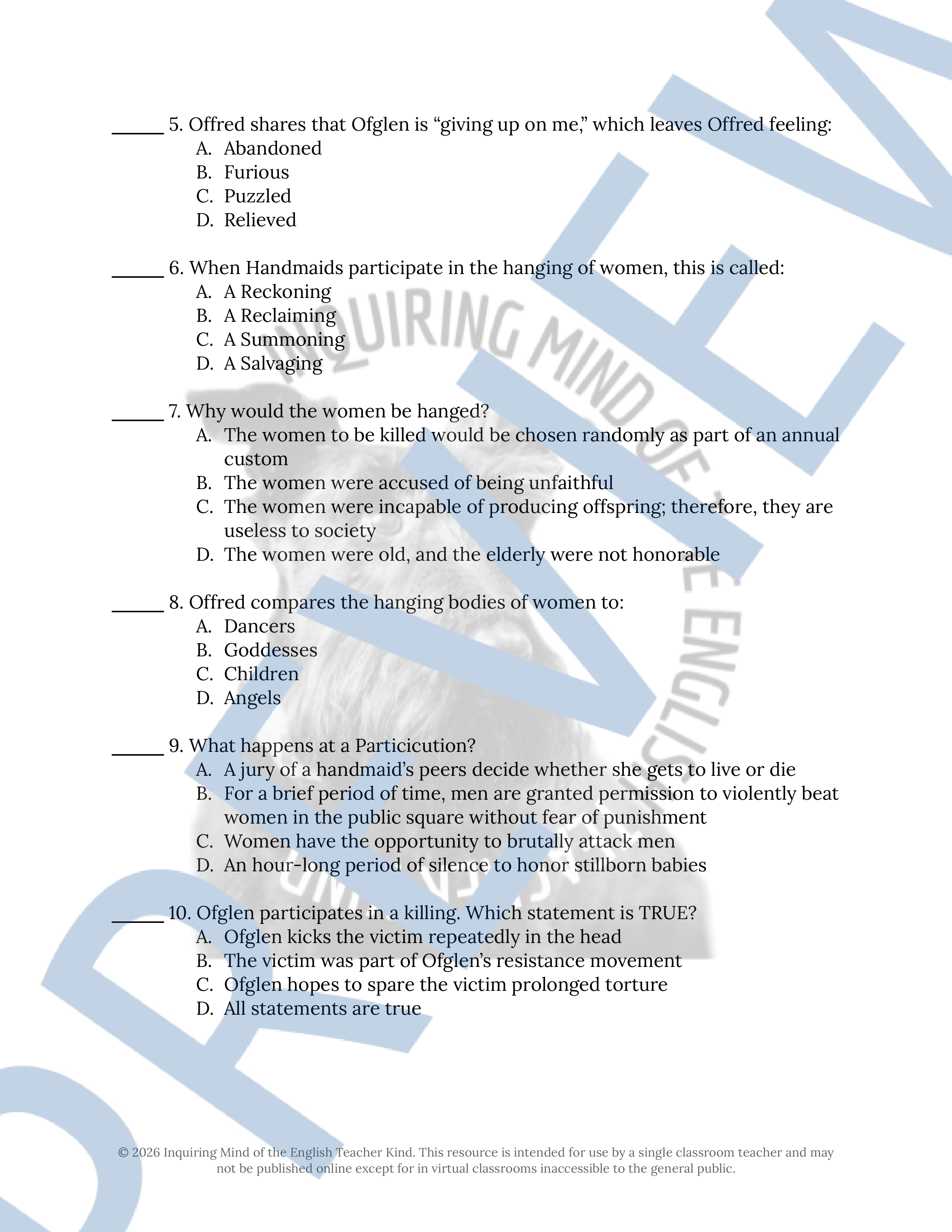The Handmaid's Tale Chapters 40, 41, 42, 43, 44, 45, and 46 Quiz and ...