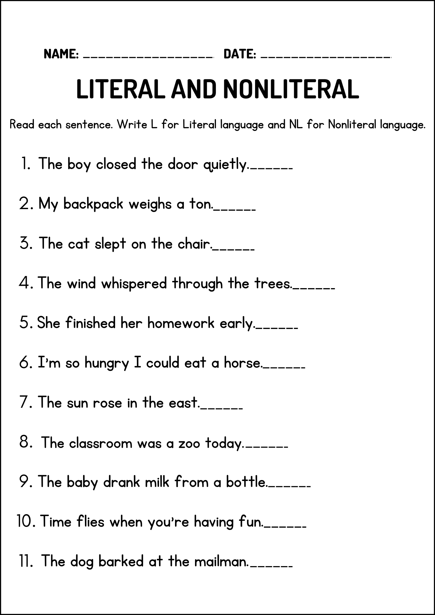 Figurative Language Worksheets literal and nonliteral language ...