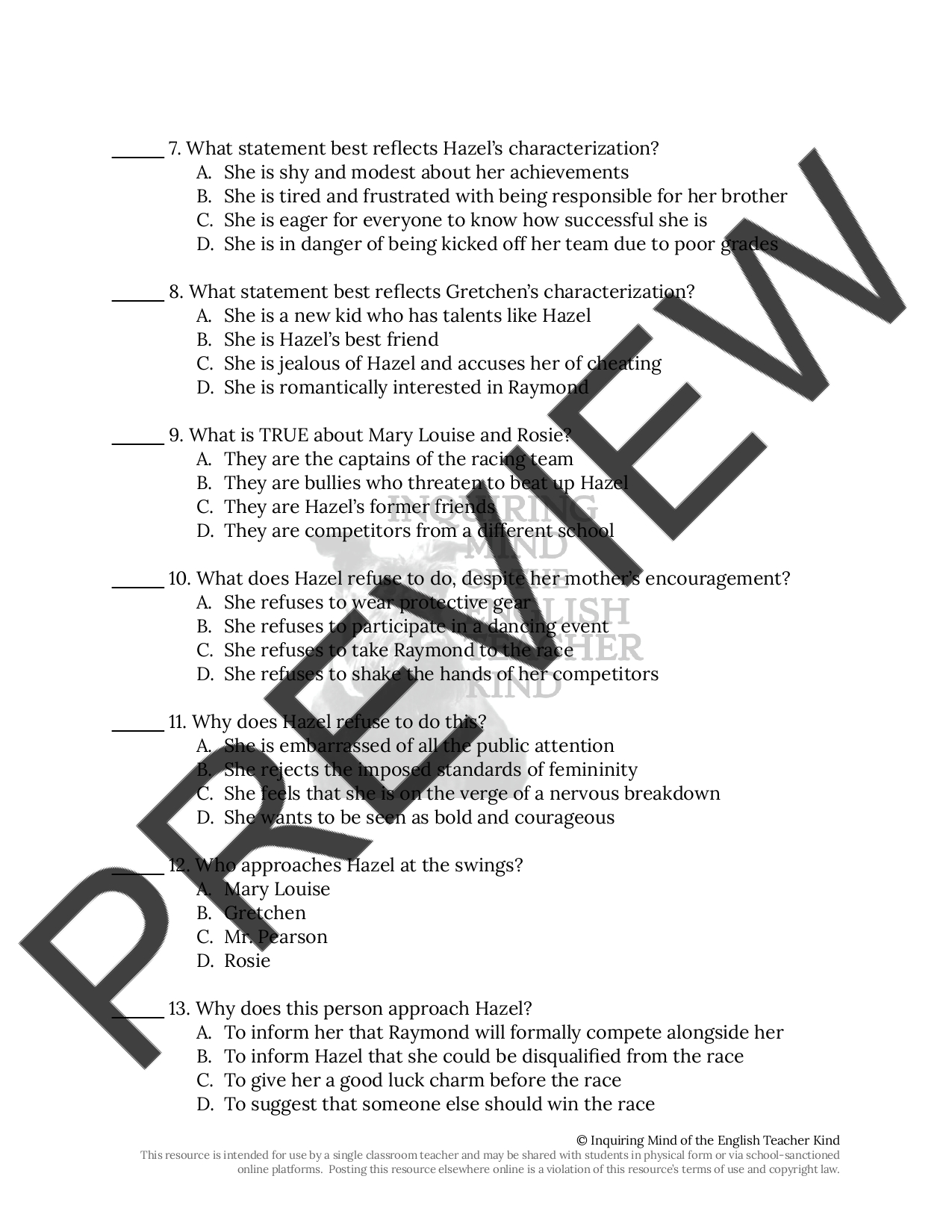 "Raymond's Run" by Toni Cade Bambara Quiz and Answer Key | Teaching ...