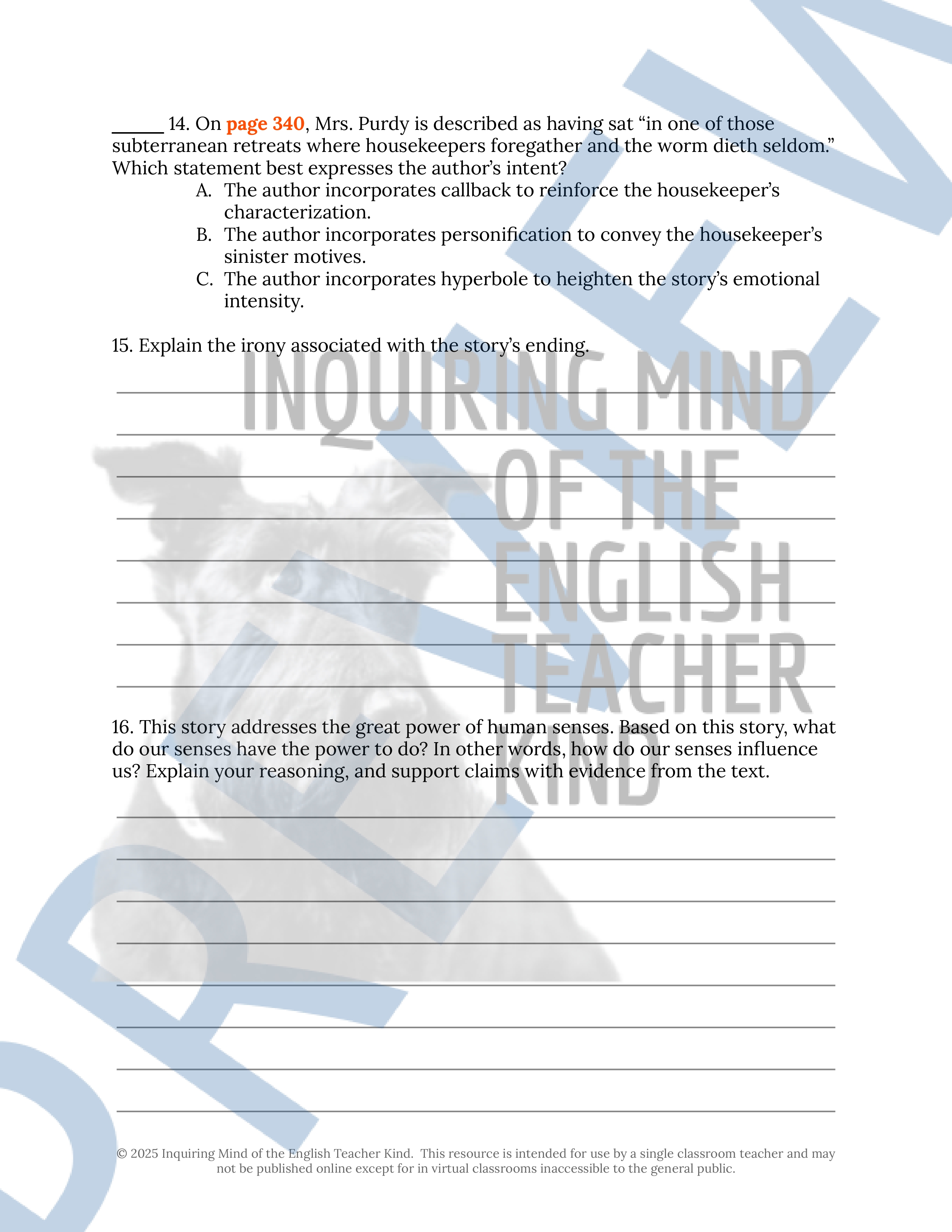"The Furnished Room" by O. Henry Close Reading Analysis Worksheet and ...