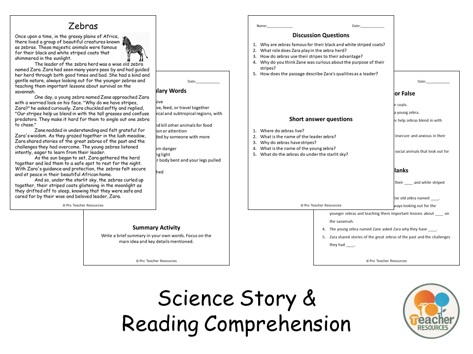 Zebras Reading Science Story Comprehension Questions Worksheet ...