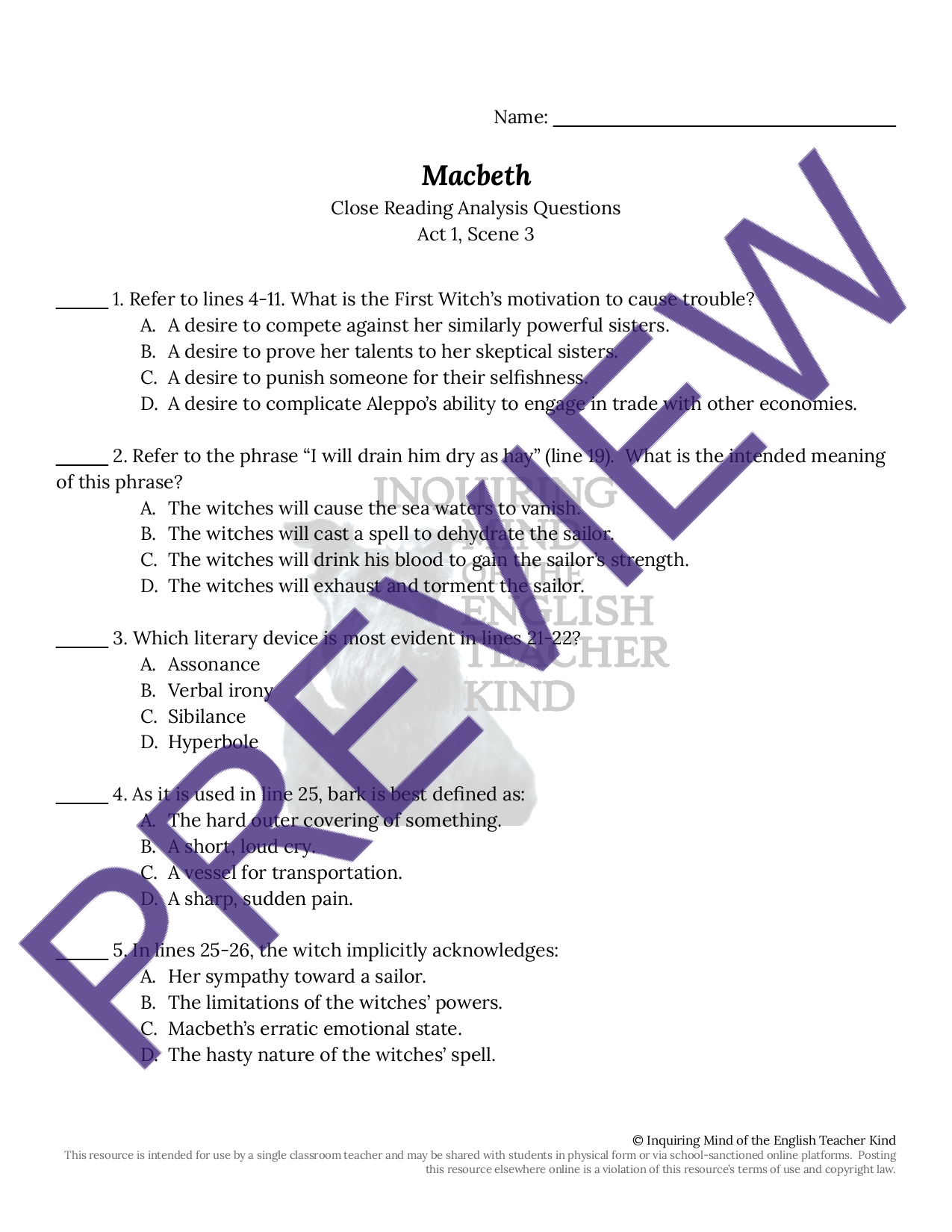 Macbeth Act 1 Scene 3 Close Reading Worksheet | Teaching Resources