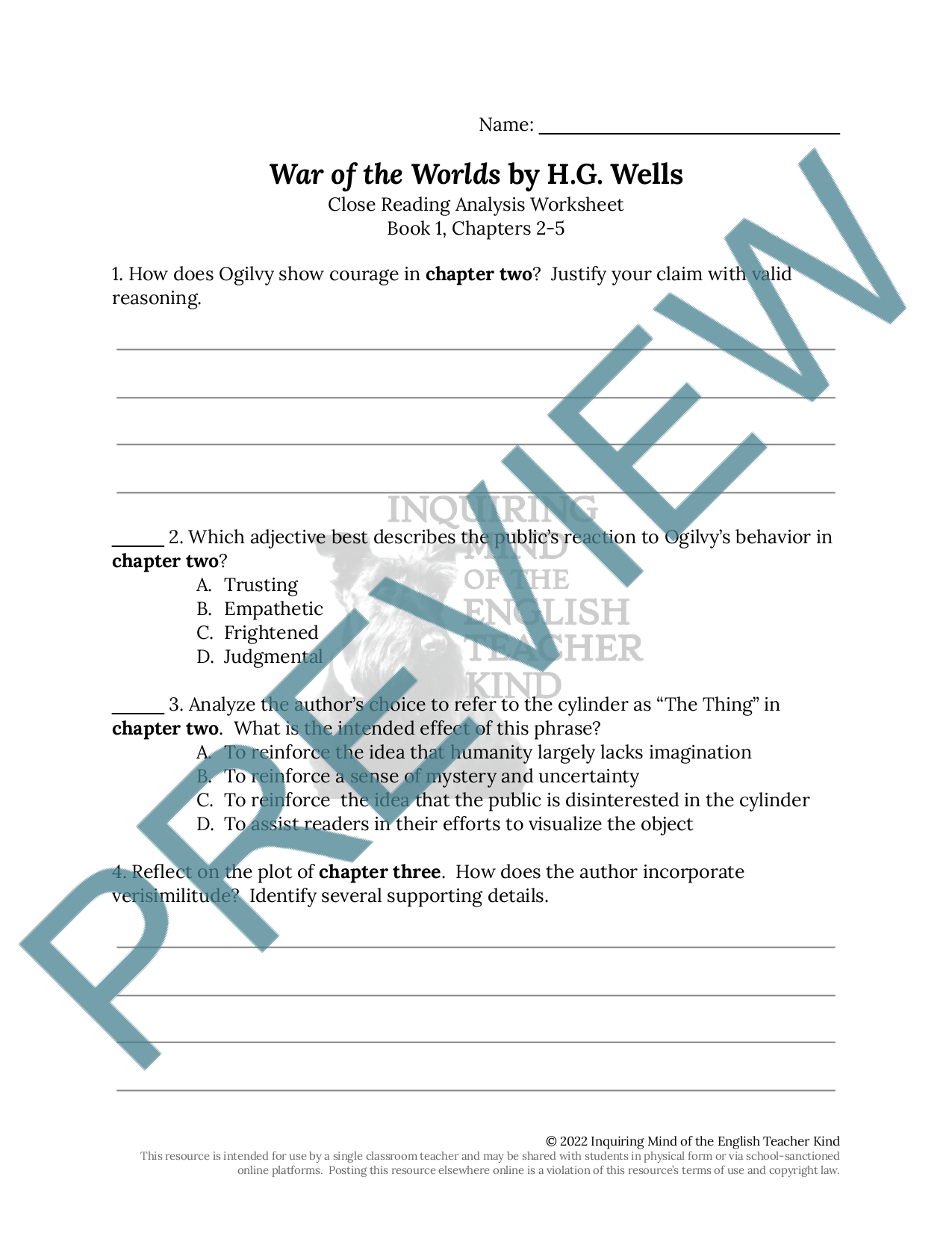 War of the Worlds Book 1 Chapters 2-5 Close Reading Worksheet ...