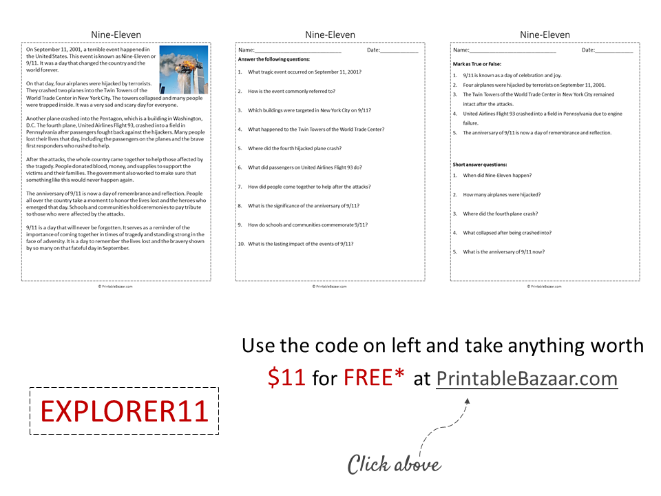 Nine-Eleven Reading Comprehension Passage Printable Worksheet ...