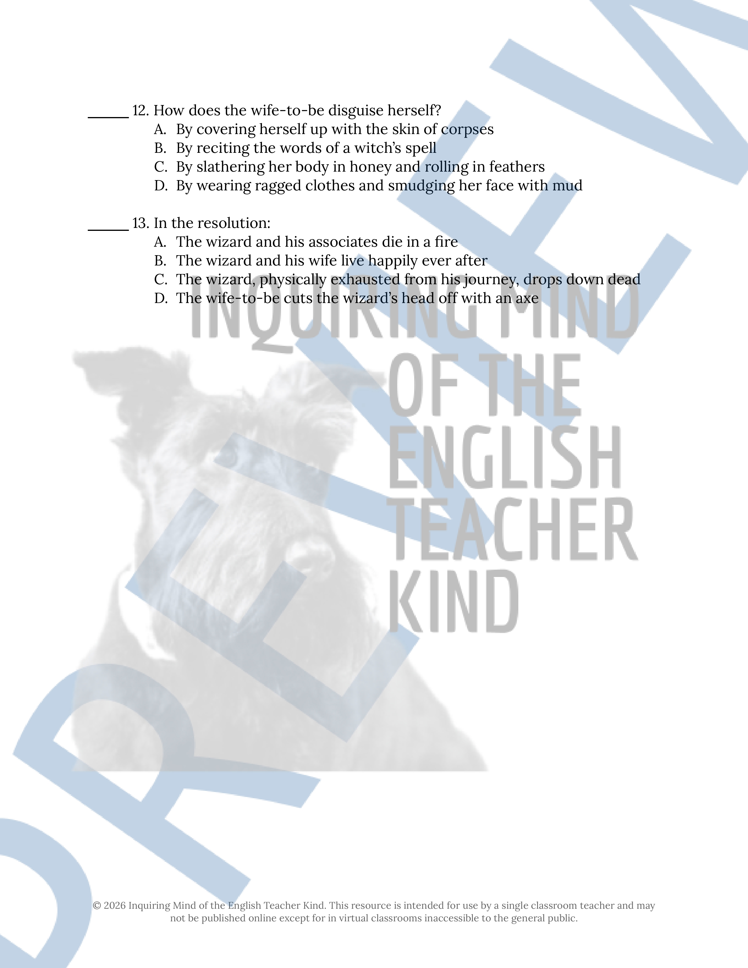 "Fitcher's Bird" Quiz and Answer Key | Brothers Grimm Fairy Tale ...