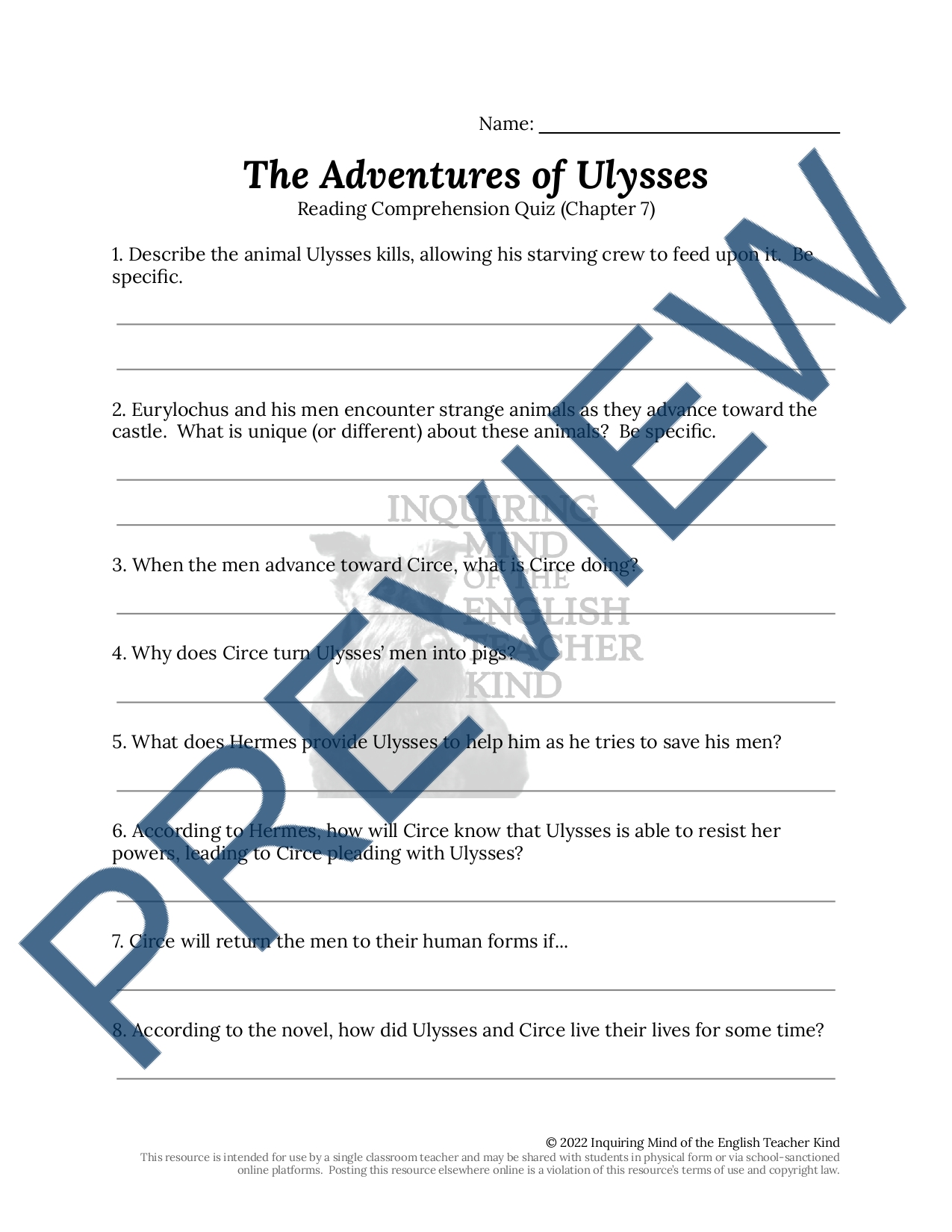 Adventures of Ulysses Chapter 7 Quiz and Answer Key | Teaching Resources