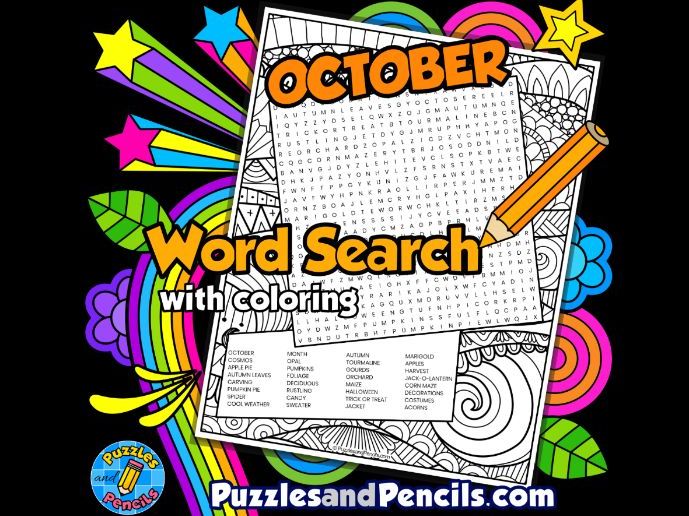 October Word Search Puzzle Activity with Colouring | October Wordsearch ...