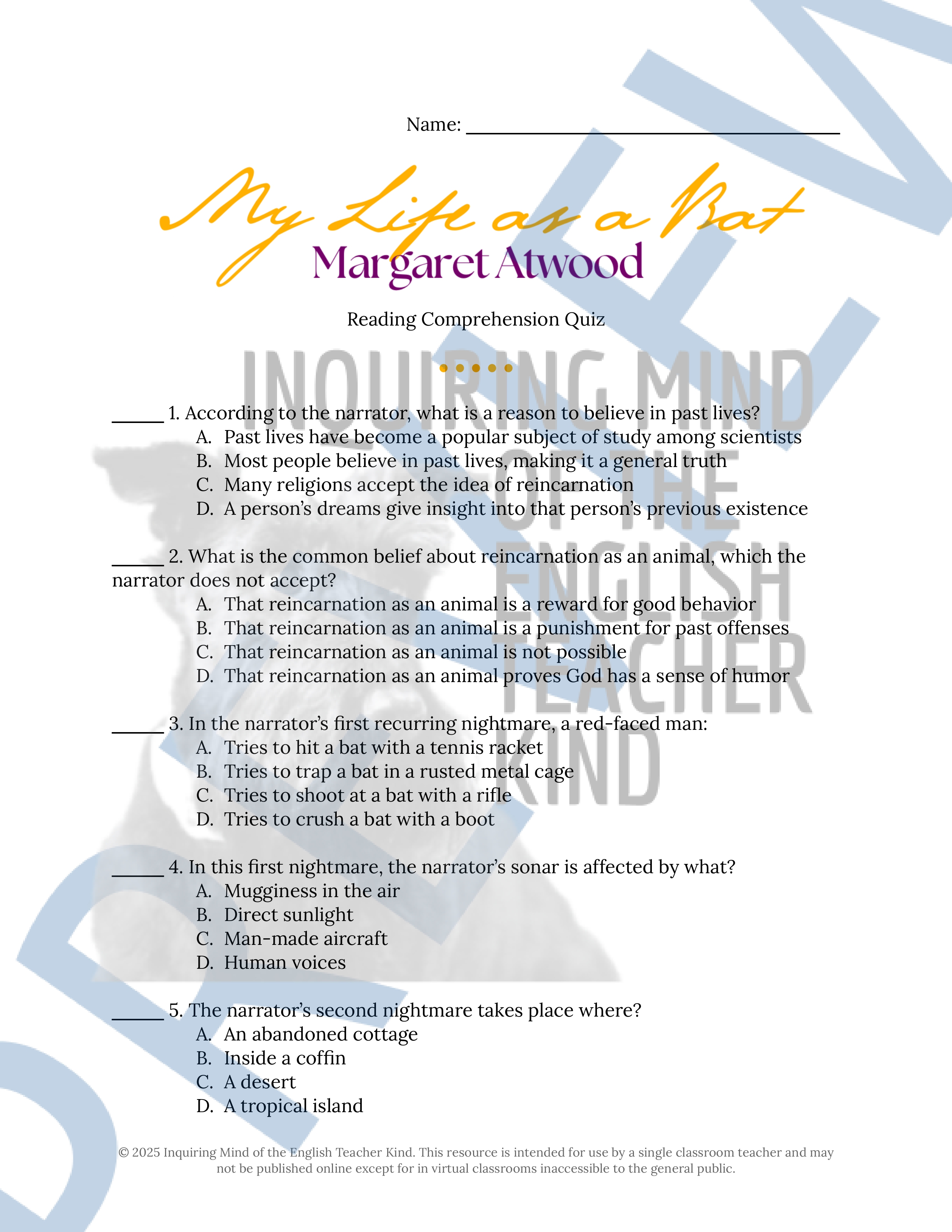 "My Life as a Bat" by Margaret Atwood Quiz and Answer Key | Short Story ...