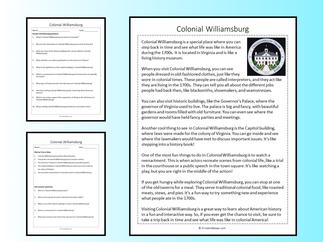 Colonial Williamsburg Reading Comprehension Passage Printable Worksheet ...