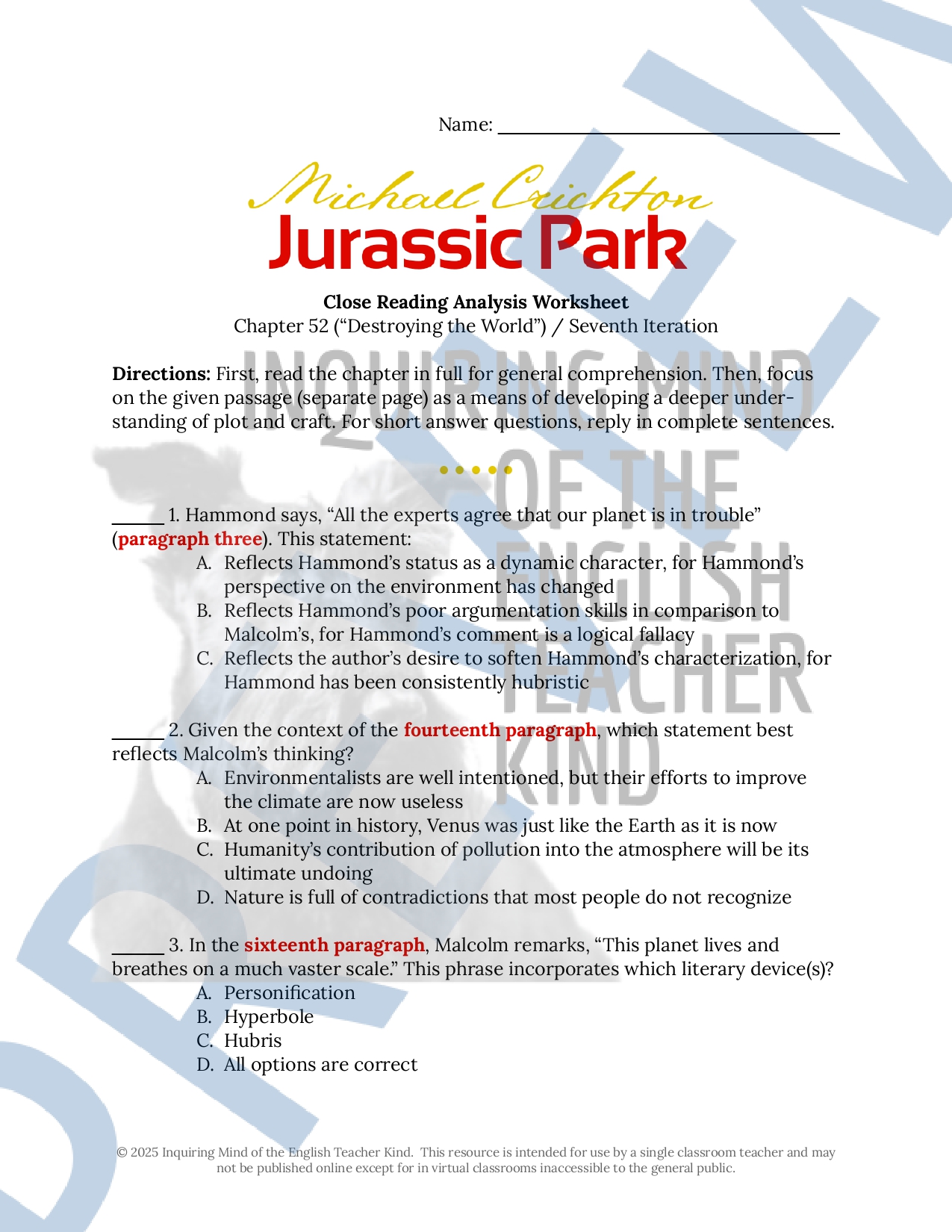 Jurassic Park by Michael Crichton Chapter 52 Close Reading Analysis ...