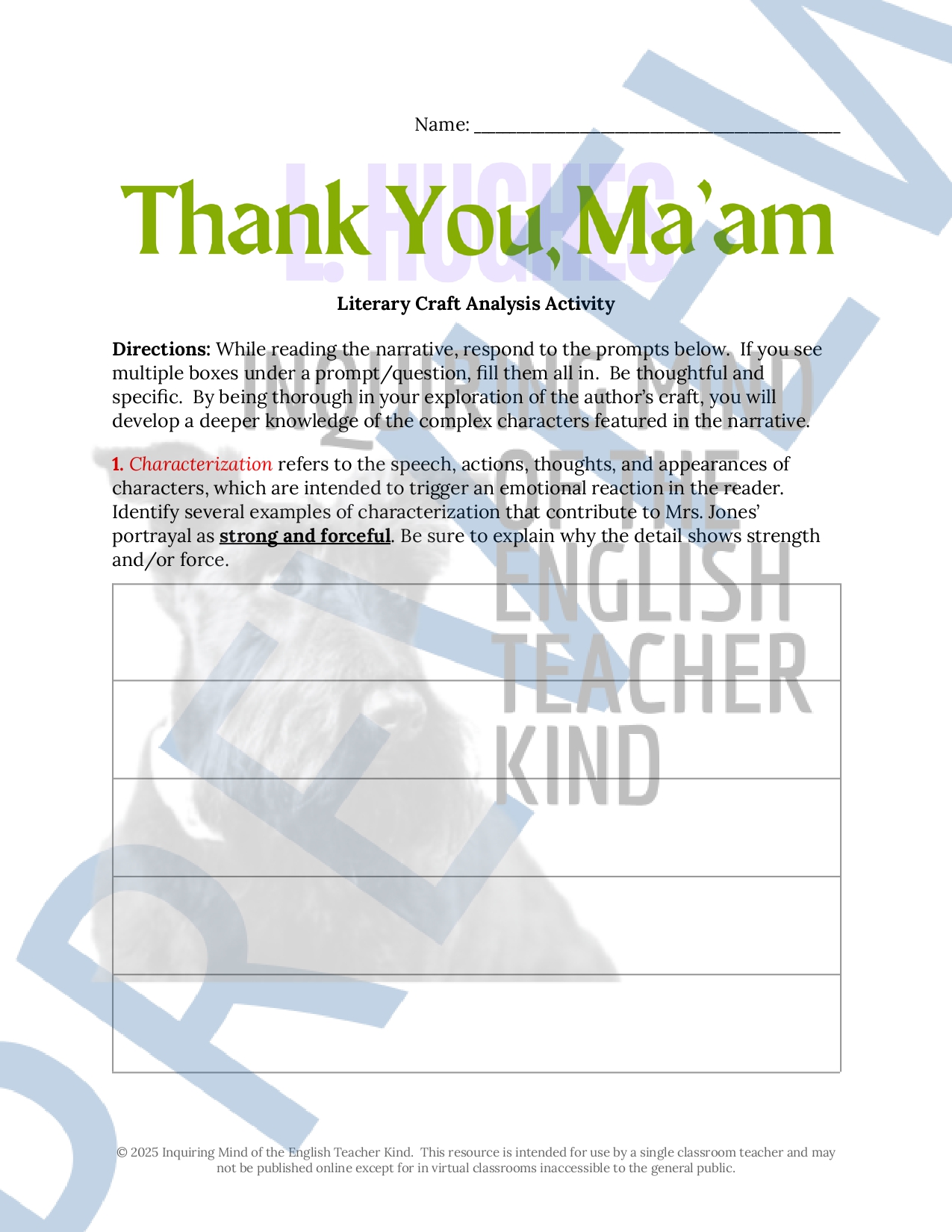 "Thank You, Ma'am" by Langston Hughes Literary Craft Analysis Activity ...