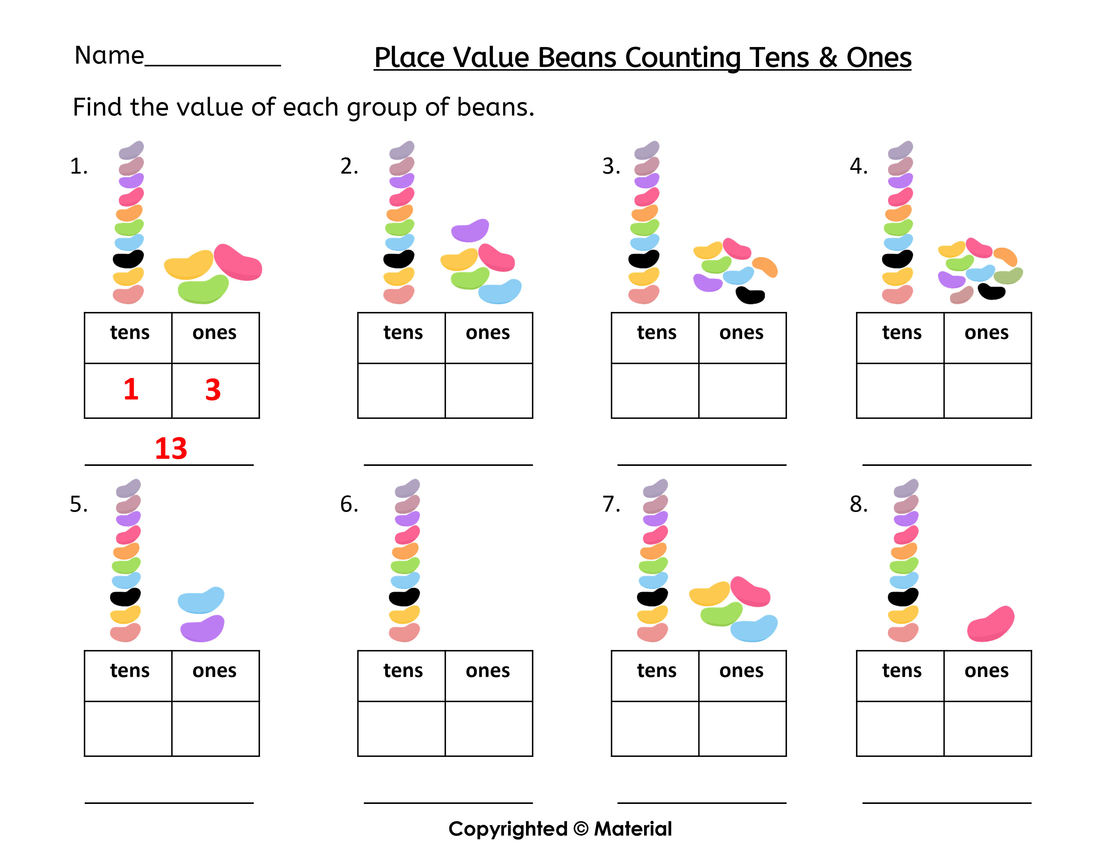 Place Value Beans-Counting Tens & Ones-Up to 65 Worksheets | Teaching ...