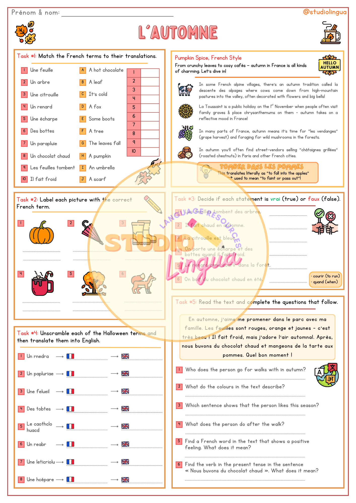 French Autumn Vocabulary Worksheet | KS2 KS3 | Print & Go Seasonal ...