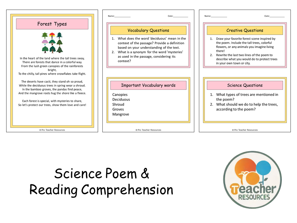 Forest Types Poem Reading Comprehension Questions Worksheet | Teaching ...