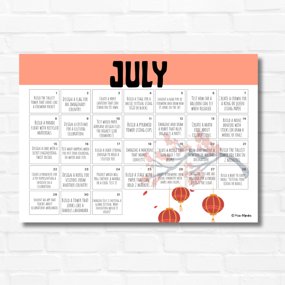STEM Challenge Calendar – July | Daily STEM Activities for Primary ...
