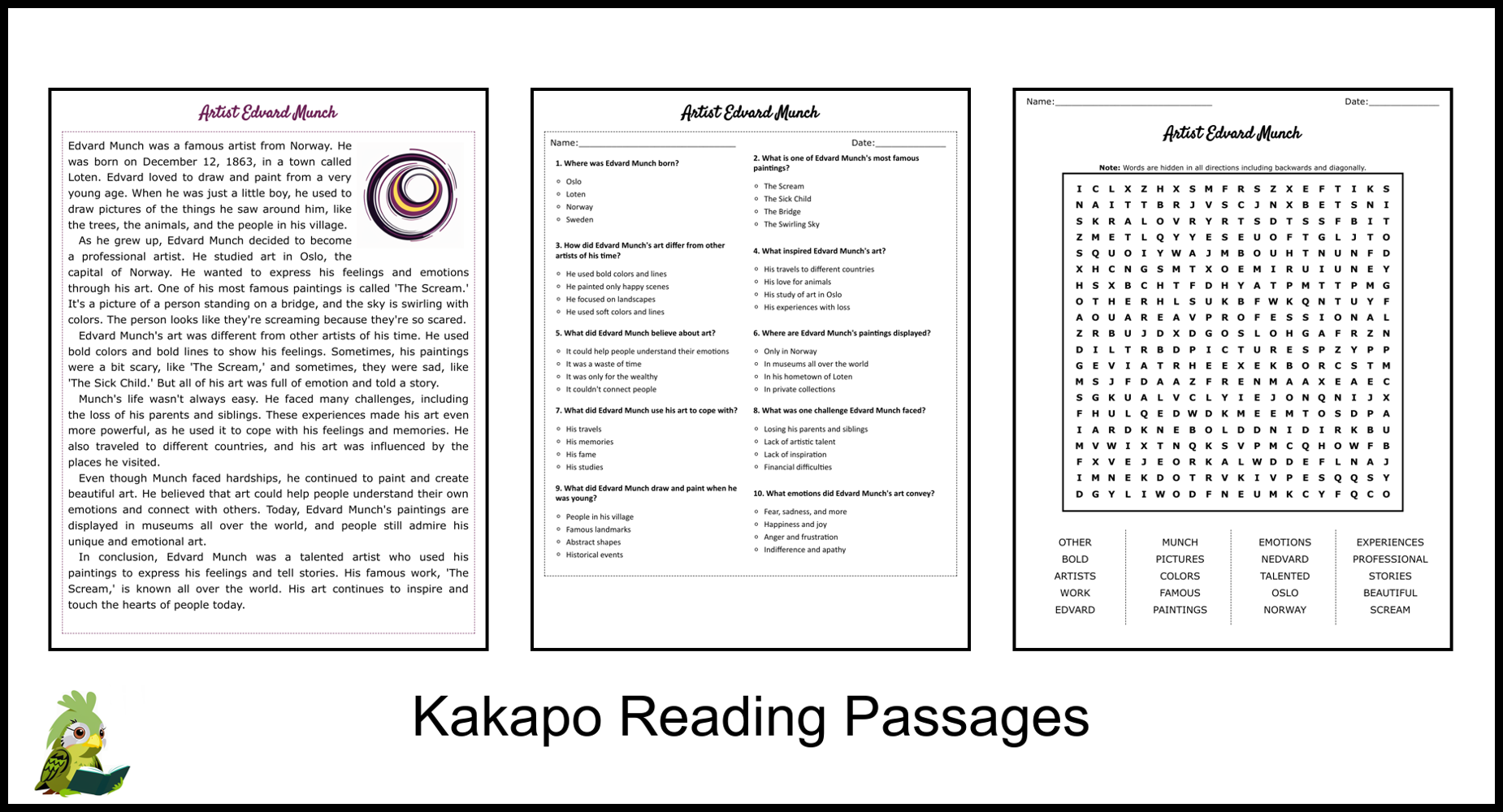 Artist Edvard Munch Reading Comprehension and Word Search | Teaching ...
