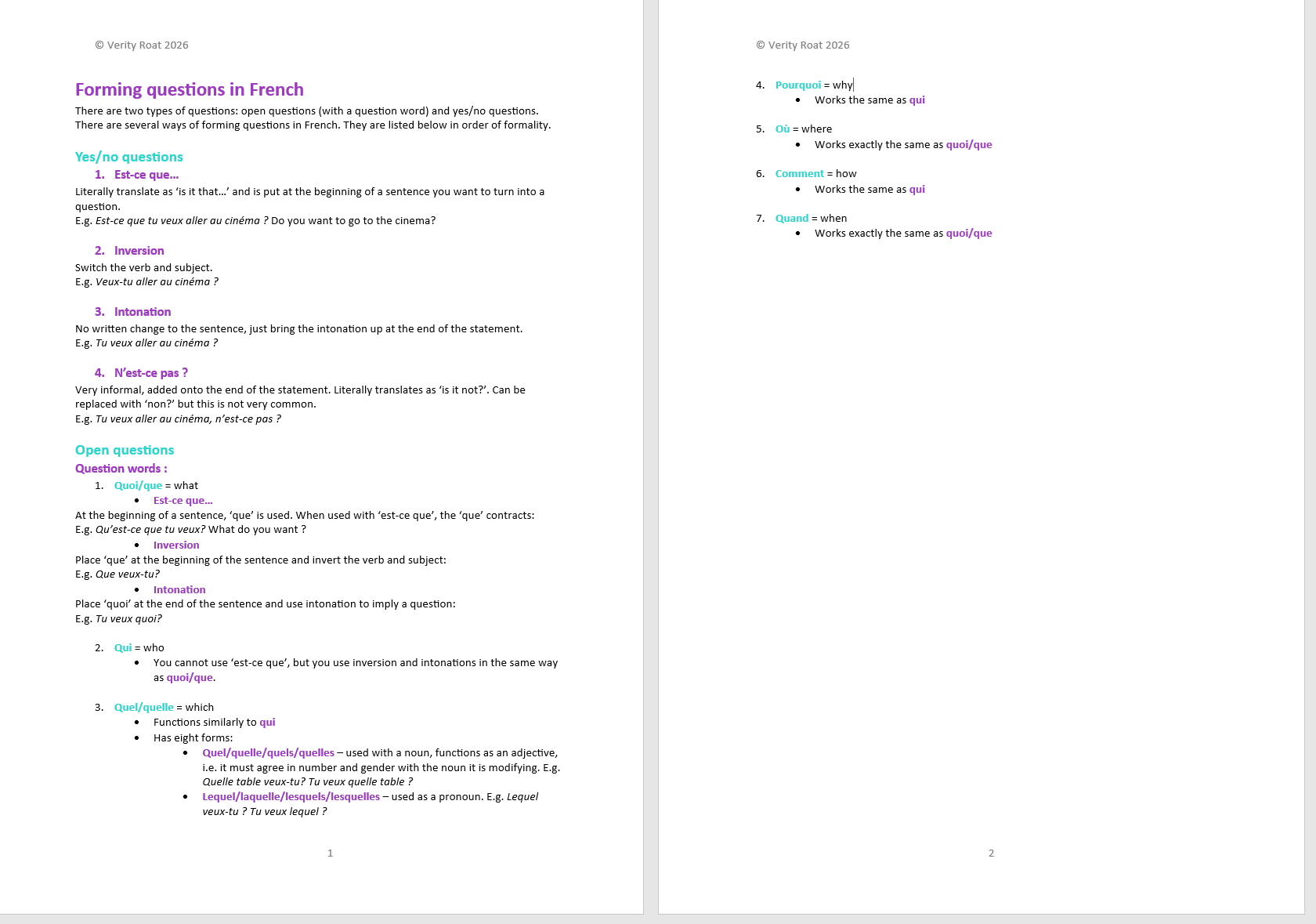 Forming questions in French explanation sheet | Teaching Resources