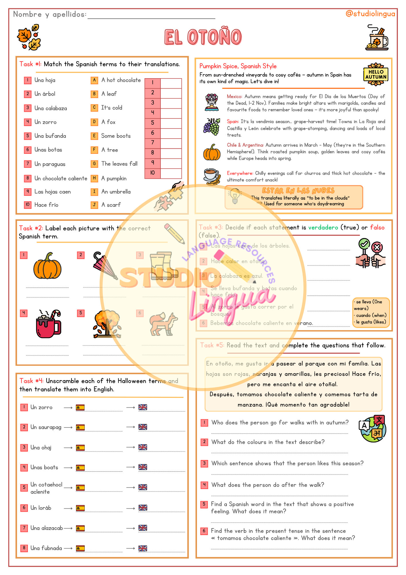 Spanish Autumn Vocabulary Worksheet | KS2 KS3 | Print & Go Seasonal ...