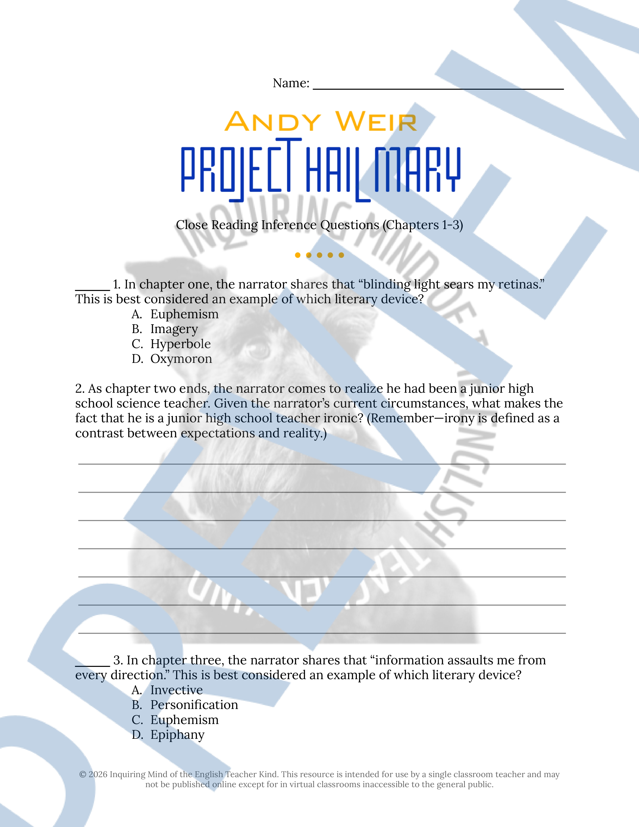 Project Hail Mary by Andy Weir Chapters 1, 2 & 3 Close Reading Analysis ...