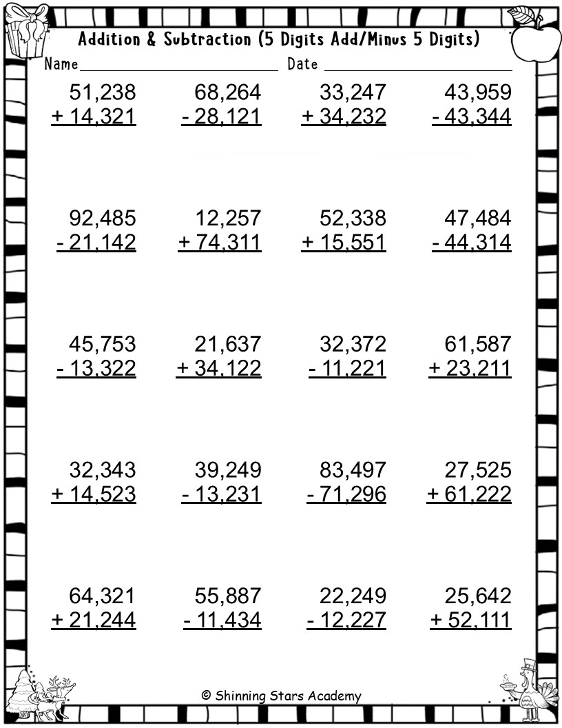 5-Digit Mixed Addition & Subtraction Without Regrouping Worksheets | No ...