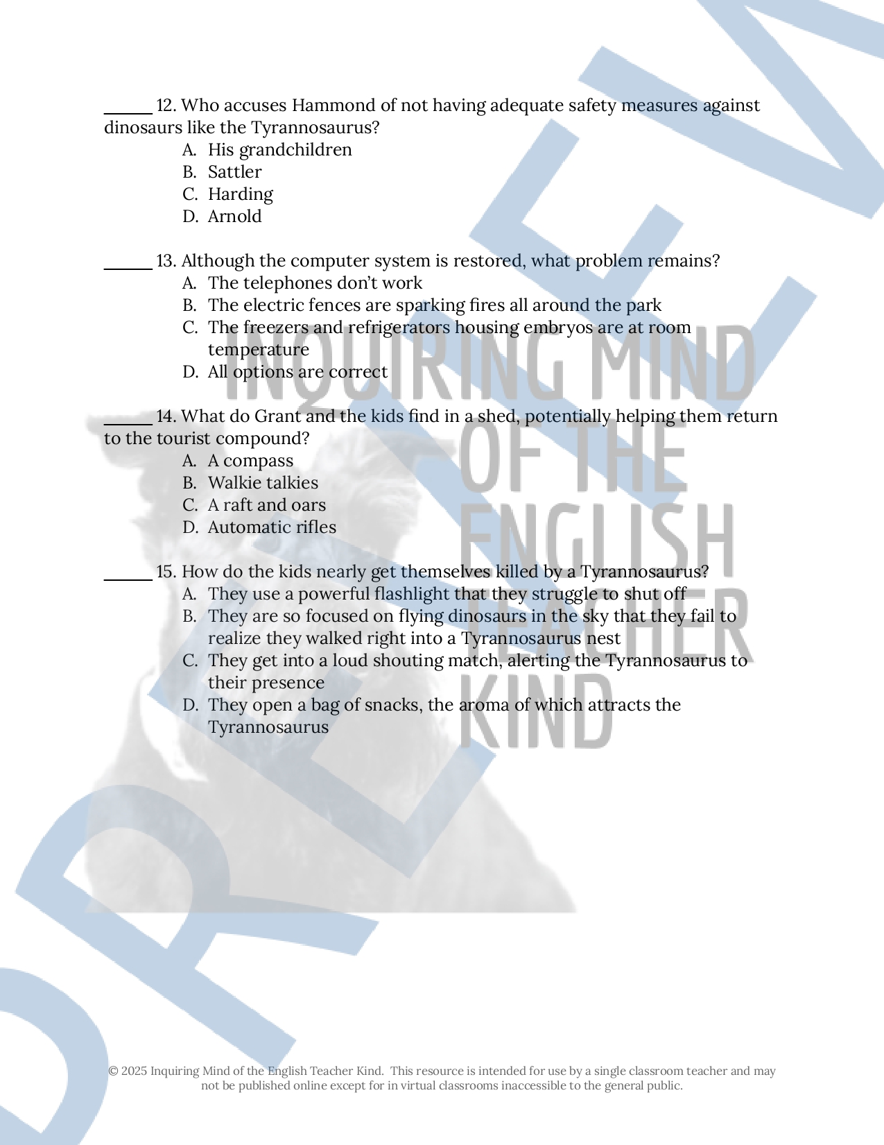 Jurassic Park by Michael Crichton Fourth Iteration Quiz and Answer Key ...