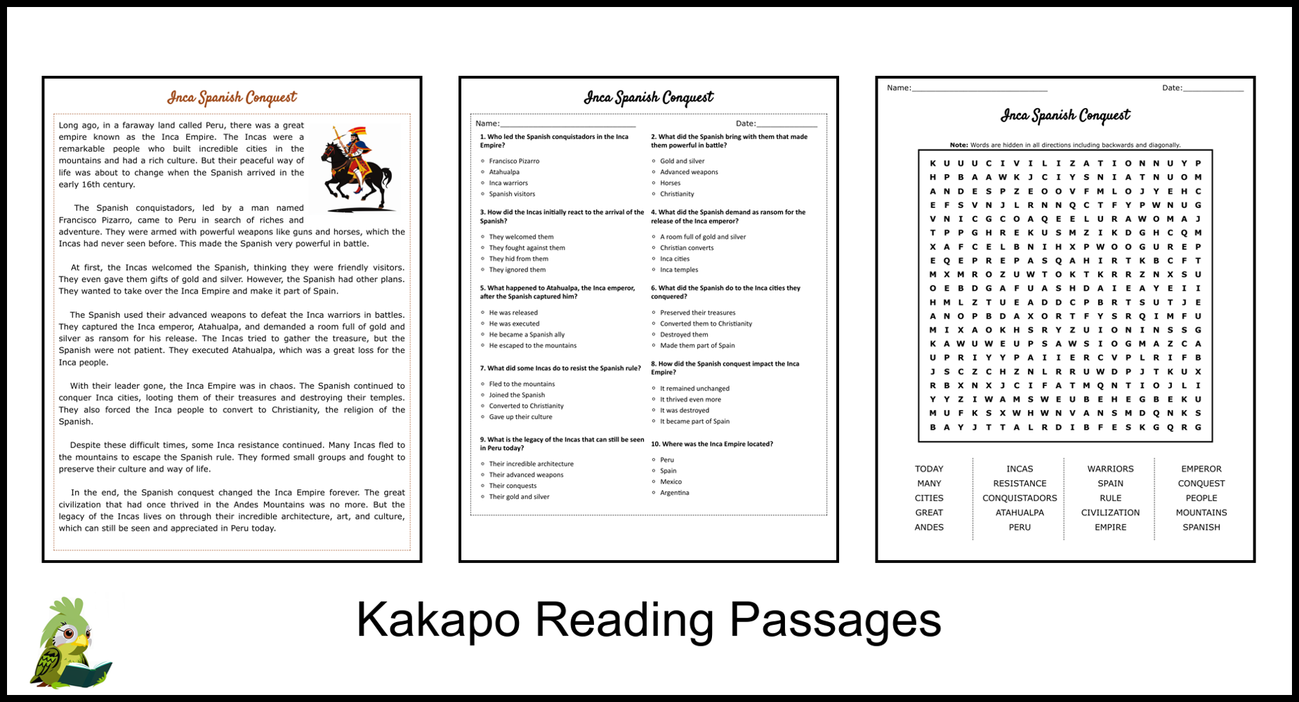 Inca Spanish Conquest Reading Comprehension and Word Search | Teaching ...