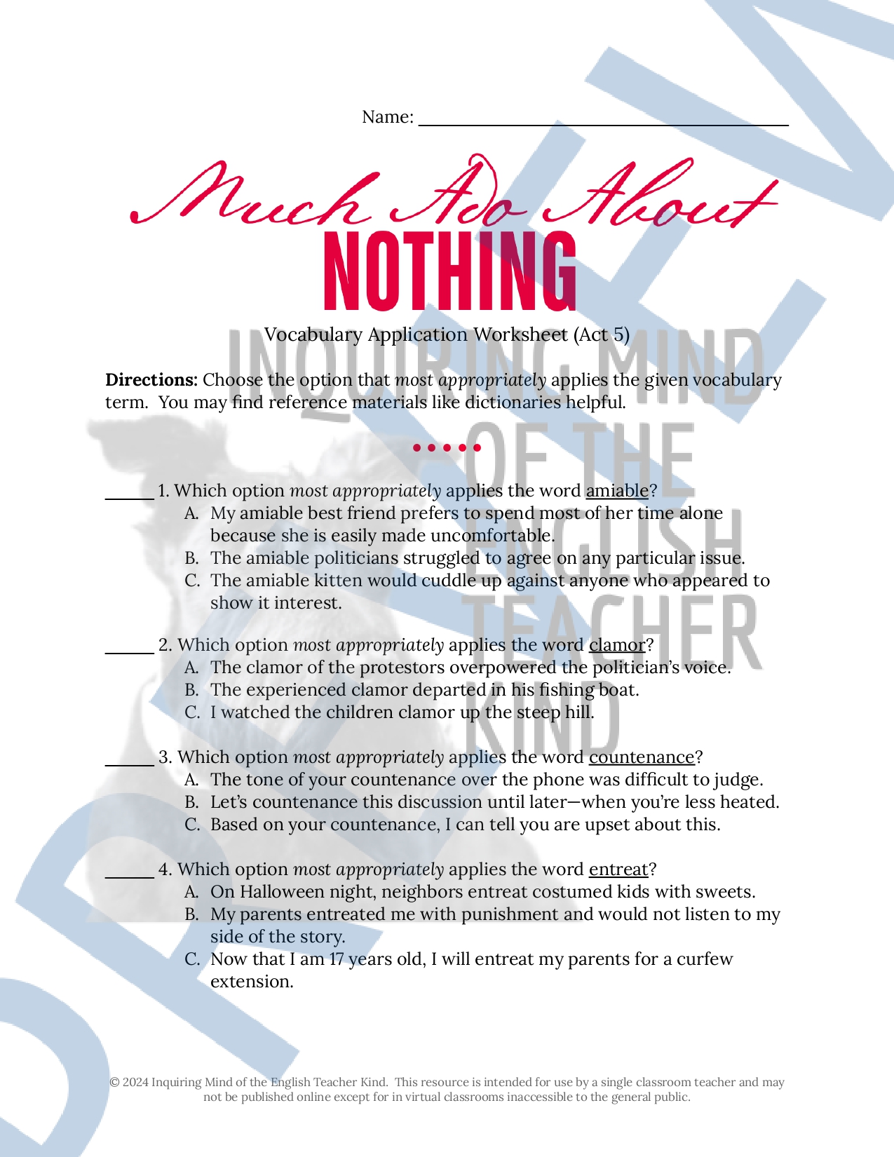 Much Ado About Nothing Act 5 Vocabulary Games | Teaching Resources