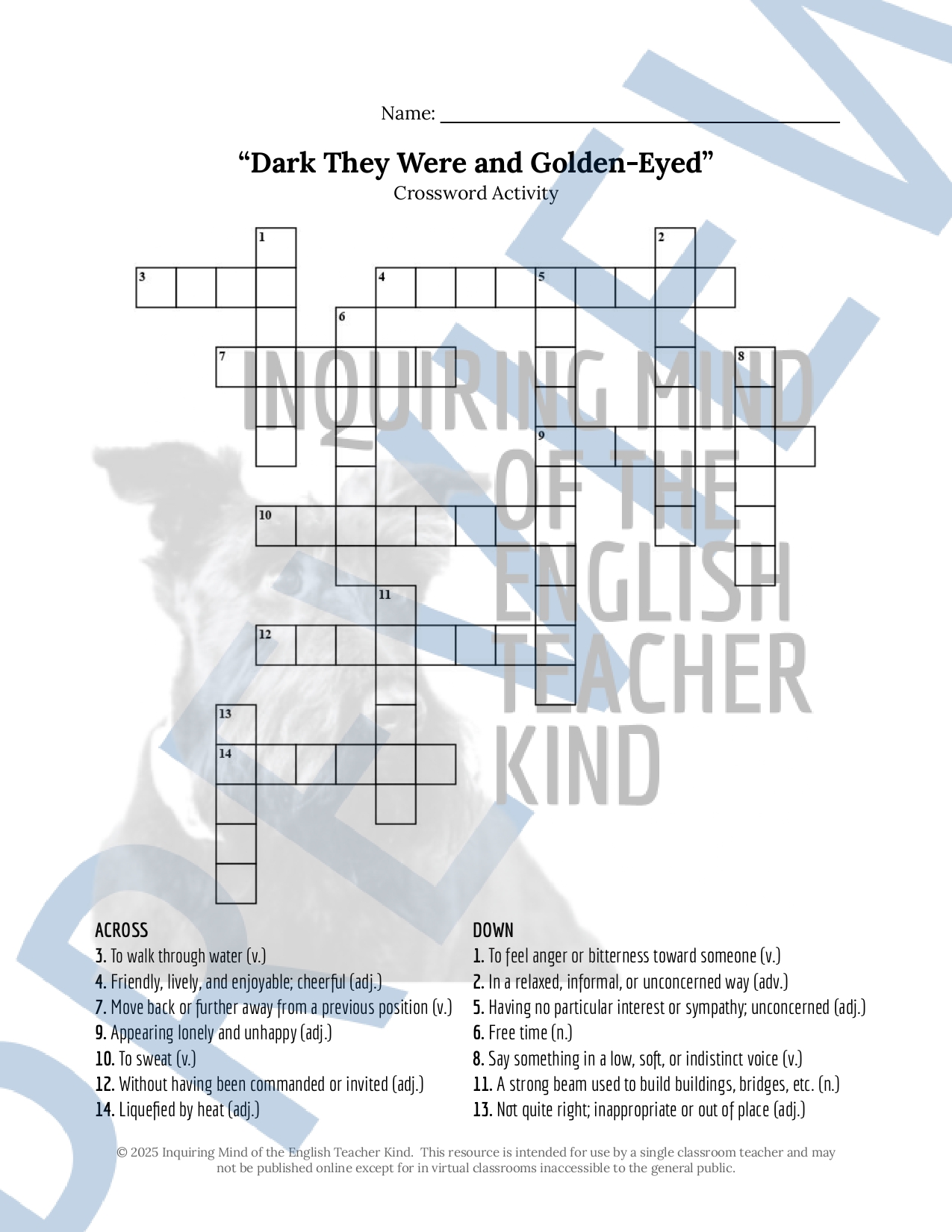 "Dark They Were and Golden Eyed" by Ray Bradbury Vocabulary Games ...