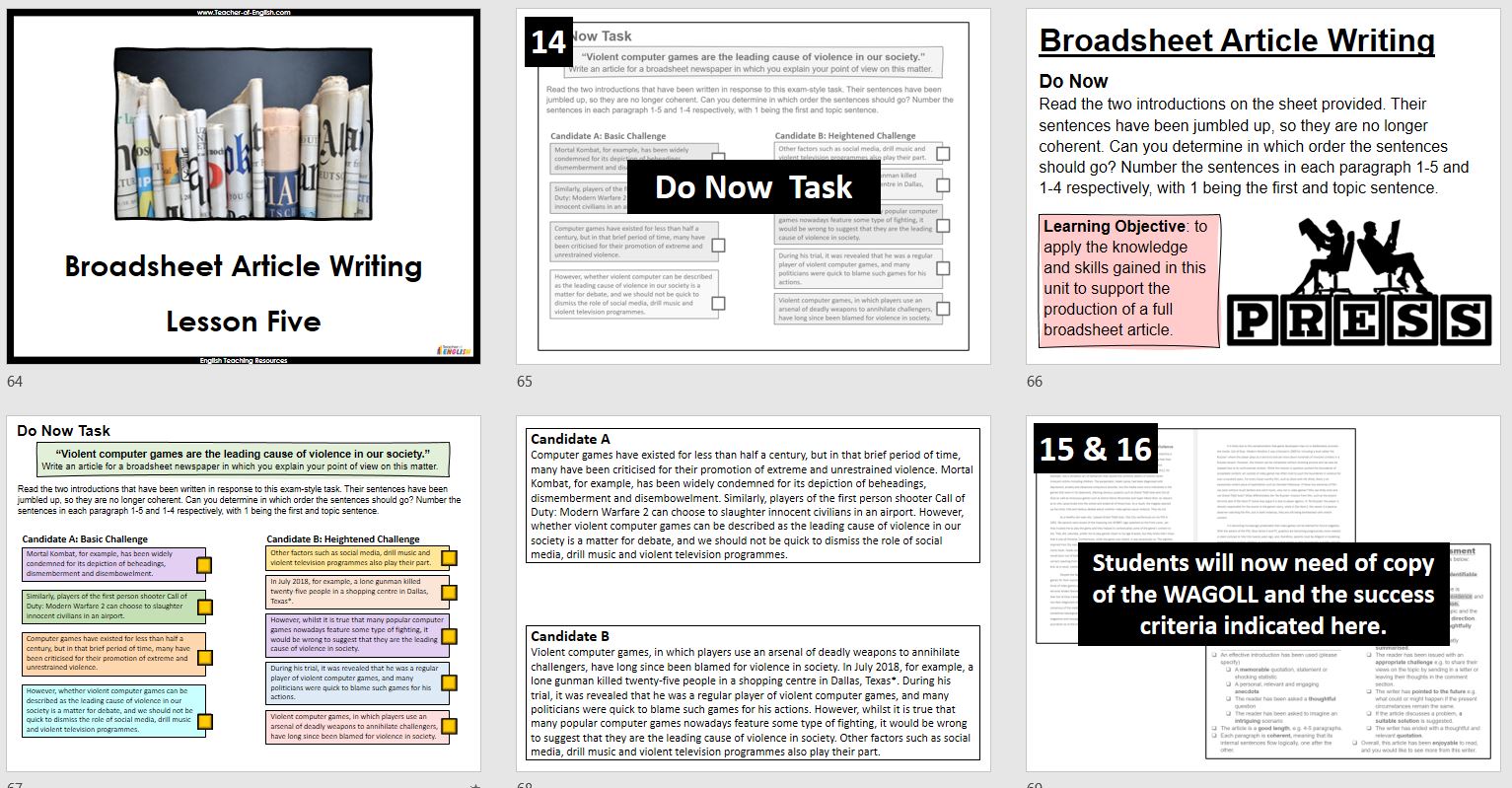 GCSE Broadsheet Newspaper Article Writing Teaching Resources