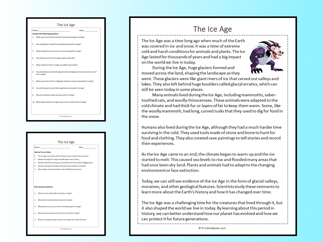 The Ice Age Reading Comprehension Passage Printable Worksheet ...