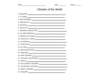 The Climates of the World Vocabulary Word Scramble for a World ...