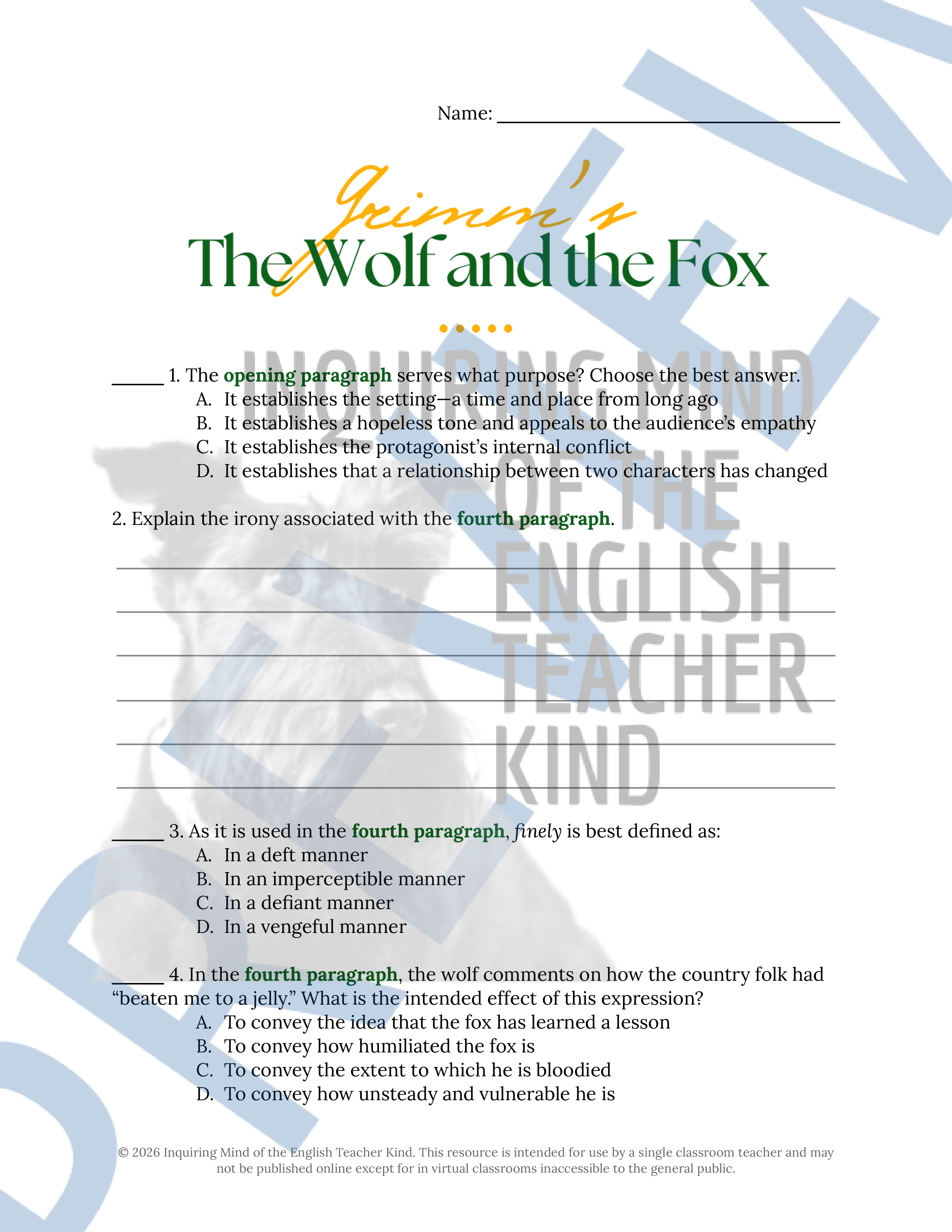 "The Wolf and the Fox" Close Reading Analysis Worksheet | Grimm's Fairy ...