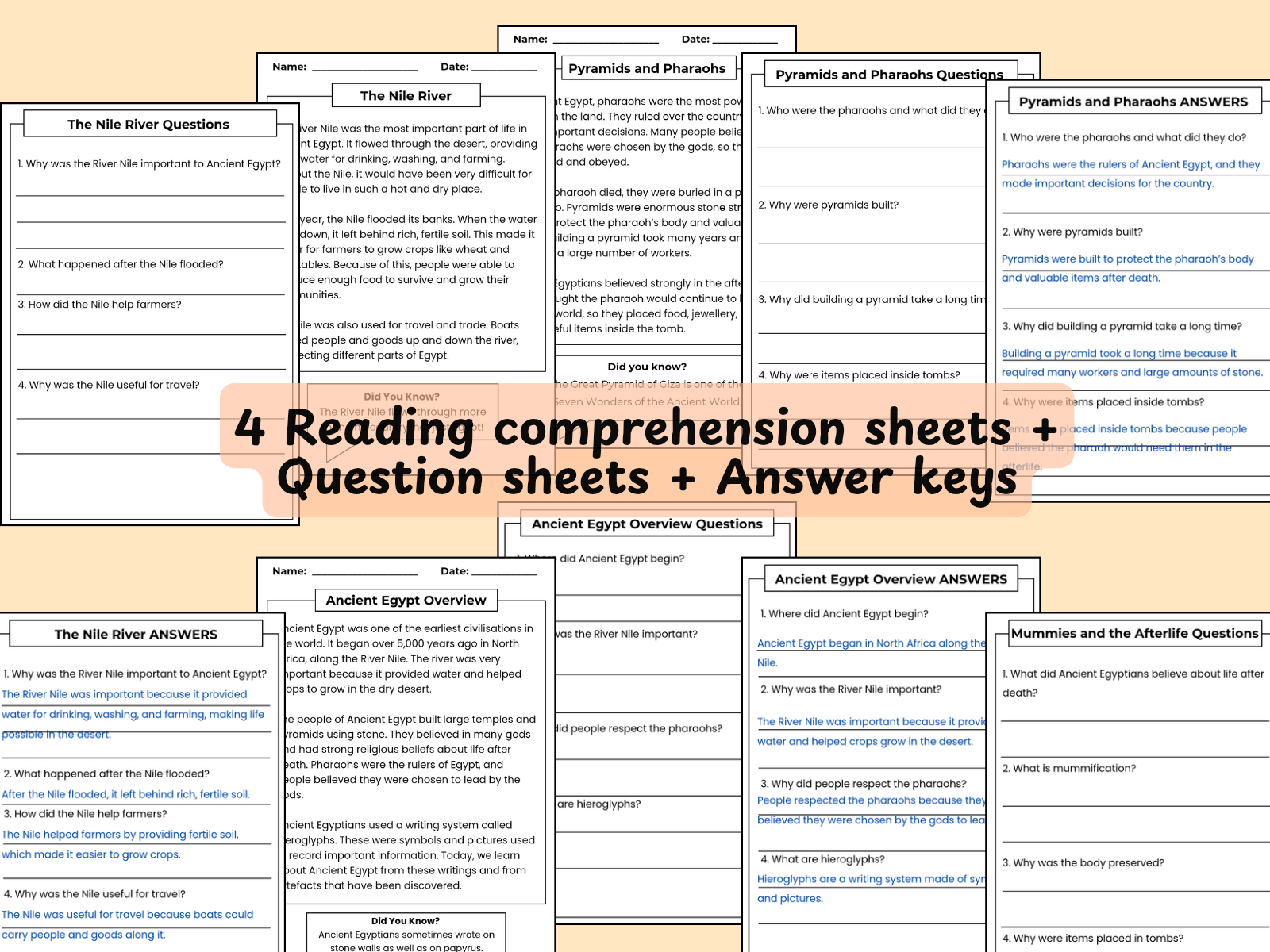 Ancient Egypt Reading Comprehension Worksheets | Year 3 & 4 | 4 Texts ...