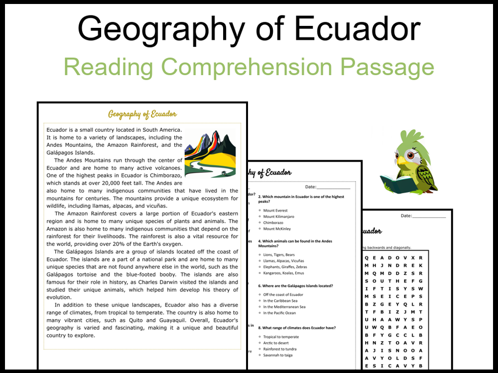 Geography of Ecuador Reading Comprehension and Word Search | Teaching ...