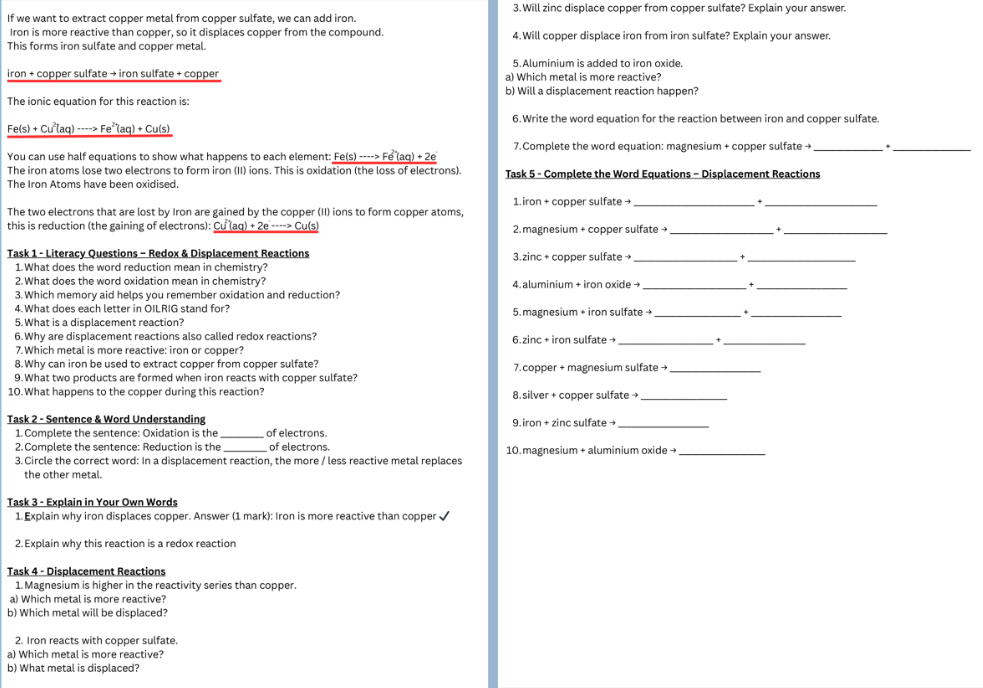 C5/Lesson 2/Displacement Reactions Worksheet With Answers/Chemistry ...