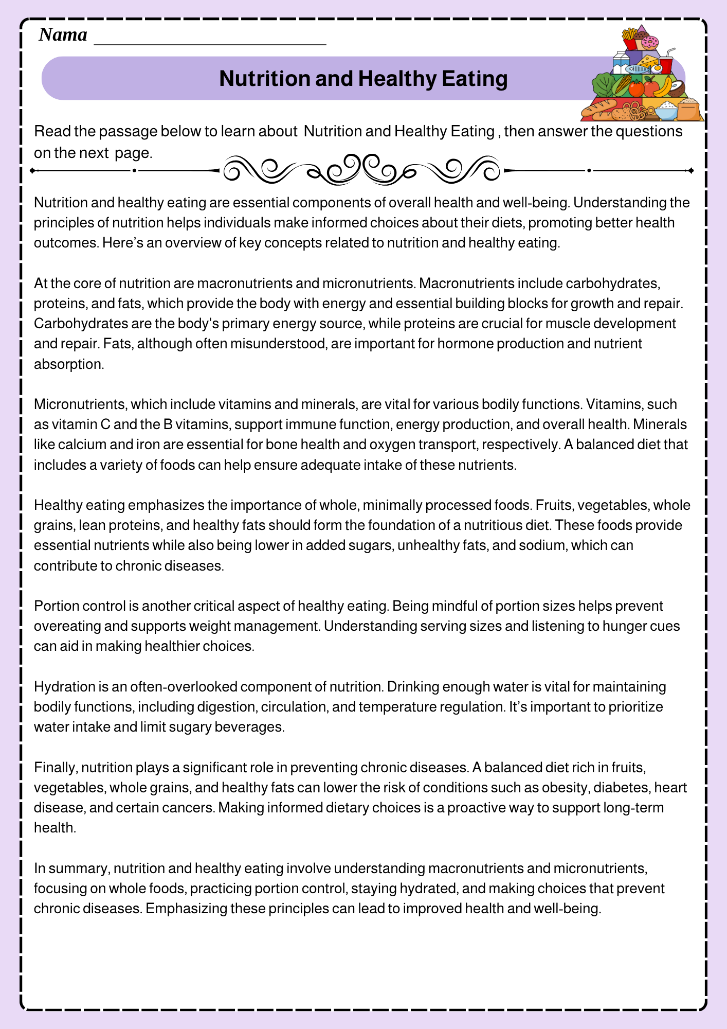 Nutrition and Healthy Eating Reading Comprehension Passages & Questions ...