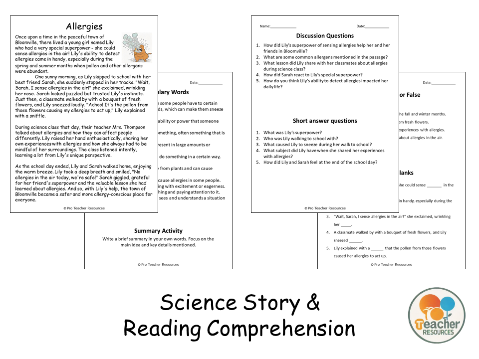 Allergies Reading Science Story Comprehension Questions Worksheet ...