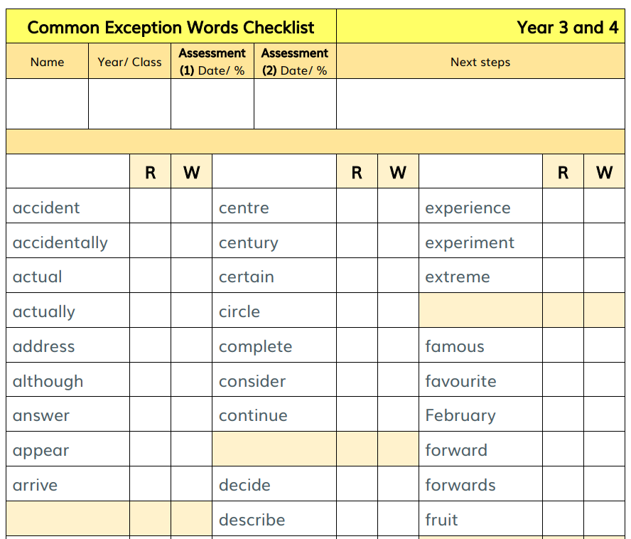 Y3 Y4 Common Exception Word Assessment Checklist | Teaching Resources