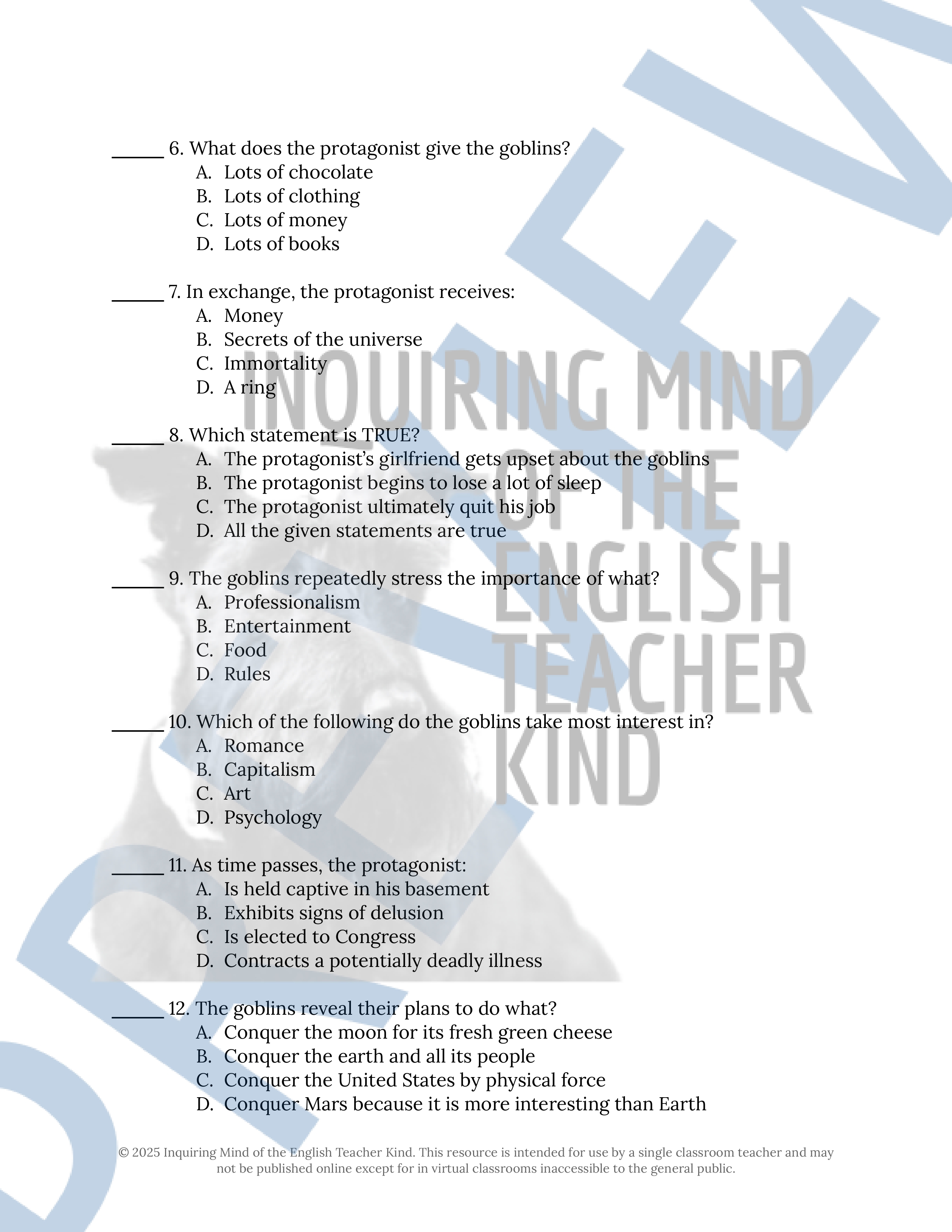 "The Goblins Will Get You" by Hugh Raymond Quiz and Answer Key (Dark ...